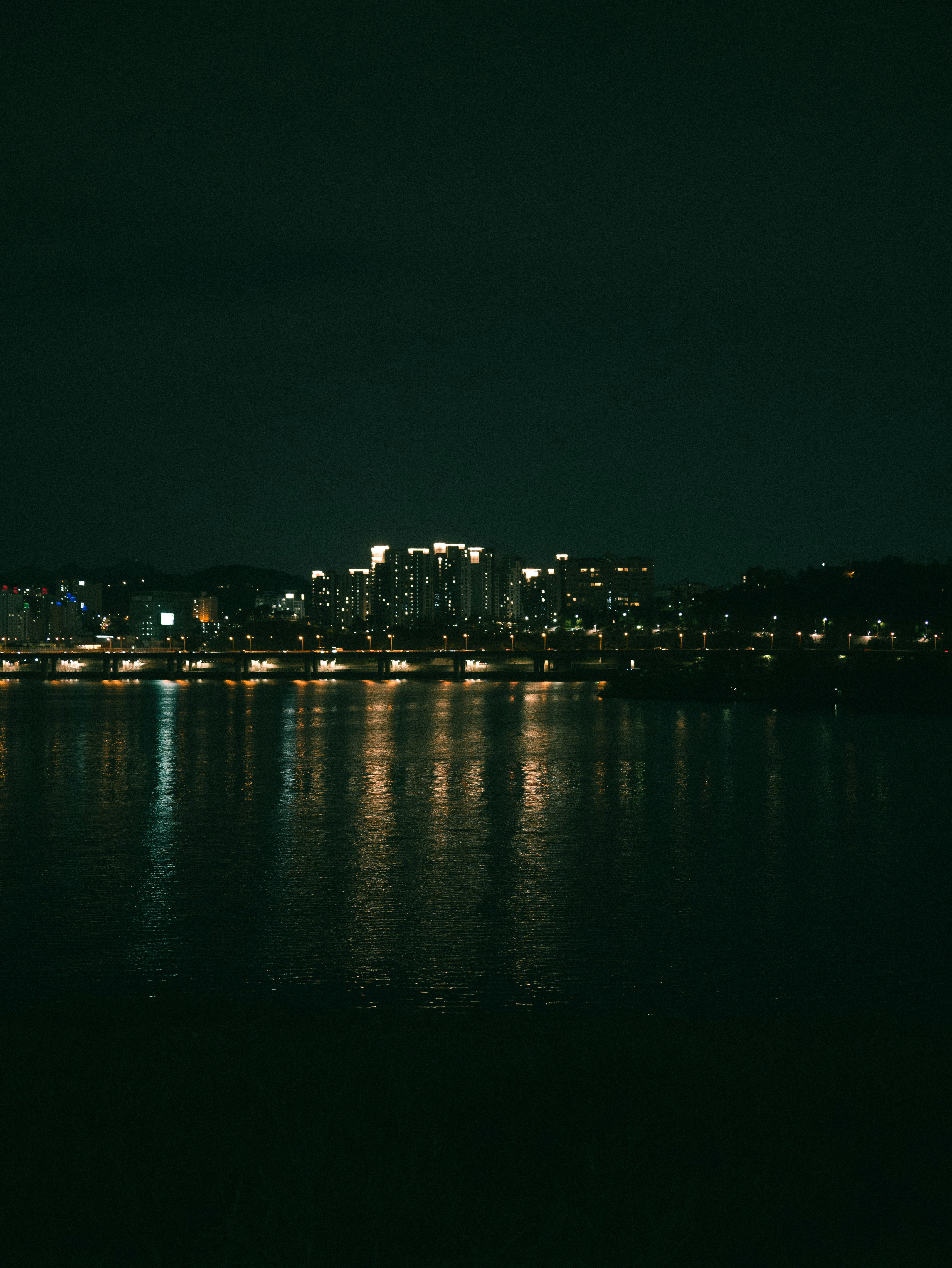 Midnight Silhouette and River Reflections: A Quiet City Lights Panorama