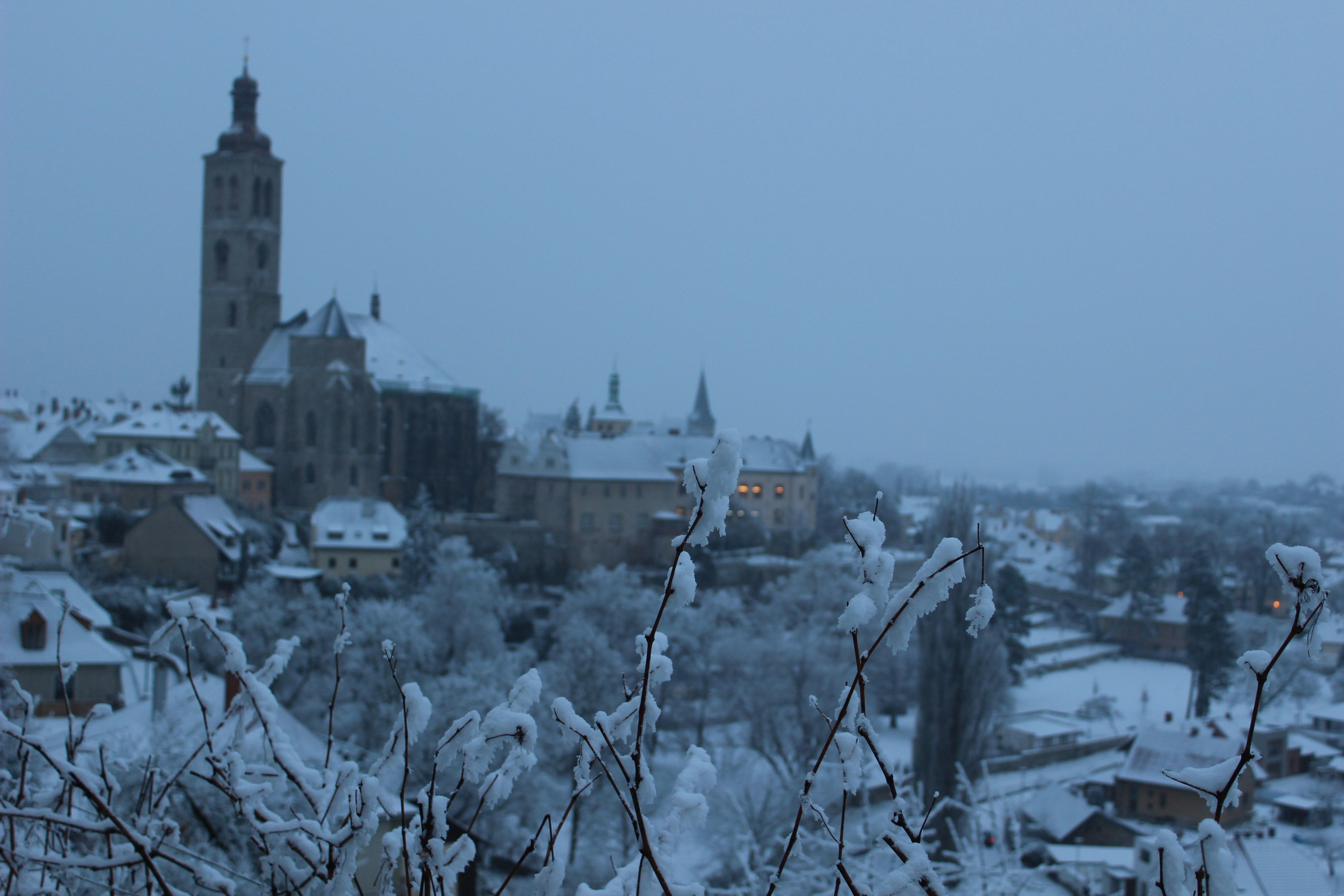 Frost-Kissed Belfry Over a Snowbound Town