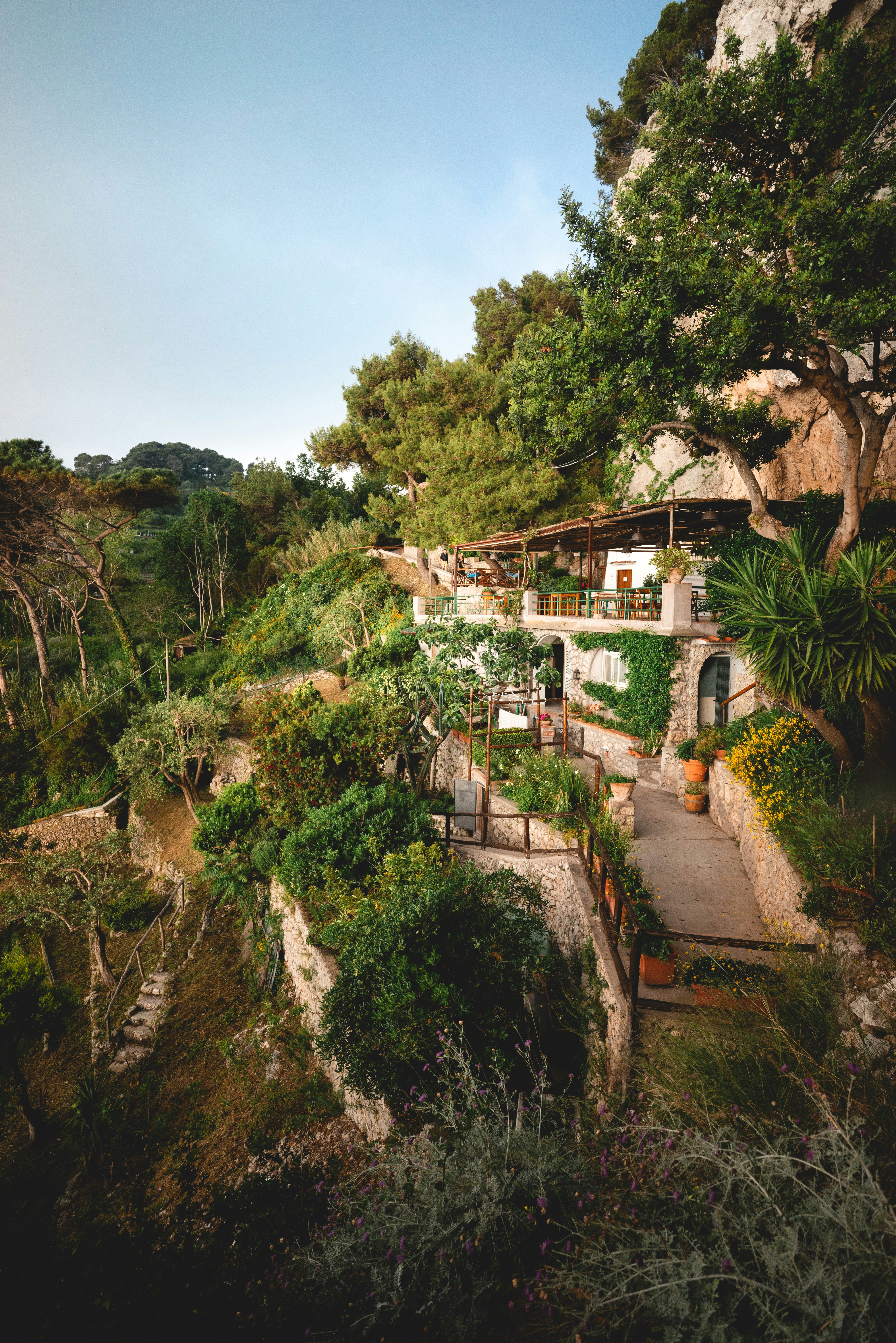 Terraced hillside retreat: stone walls, greenery, and a sunlit veranda