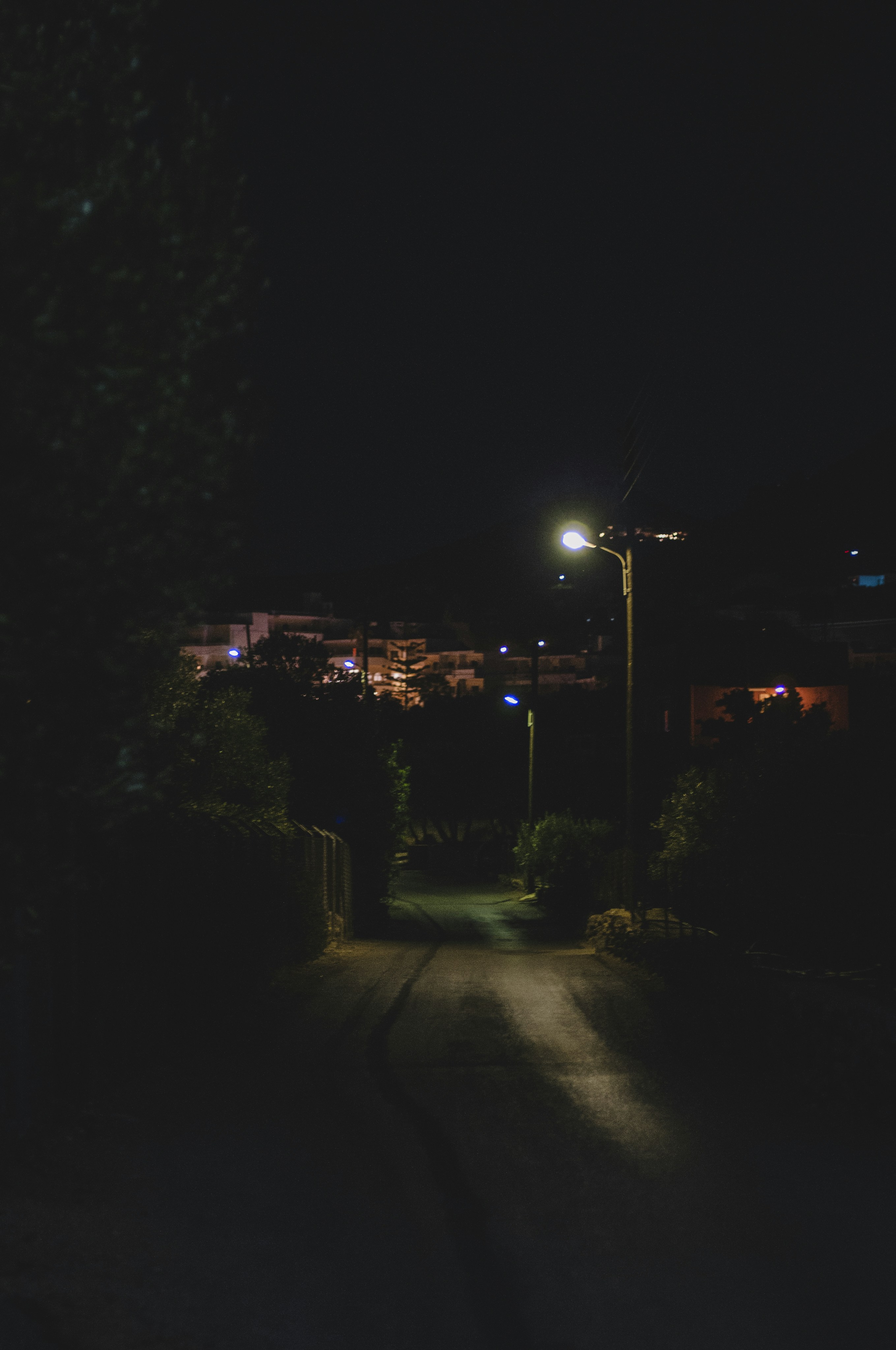 Dimly lit rural road winding through trees under a night sky, with distant lights illuminating the surroundings.