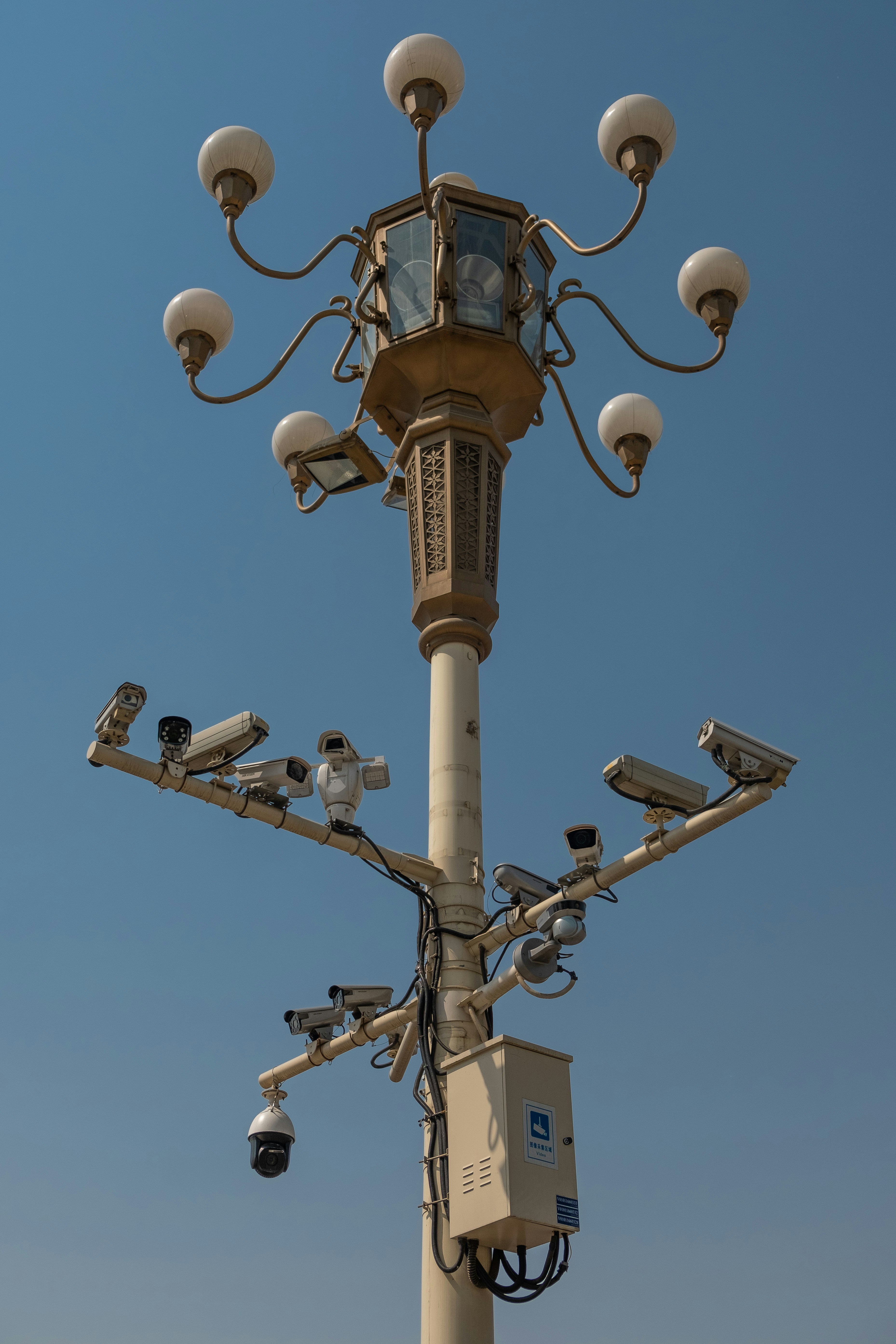 low-angle photography of street lights with surveillance cameras