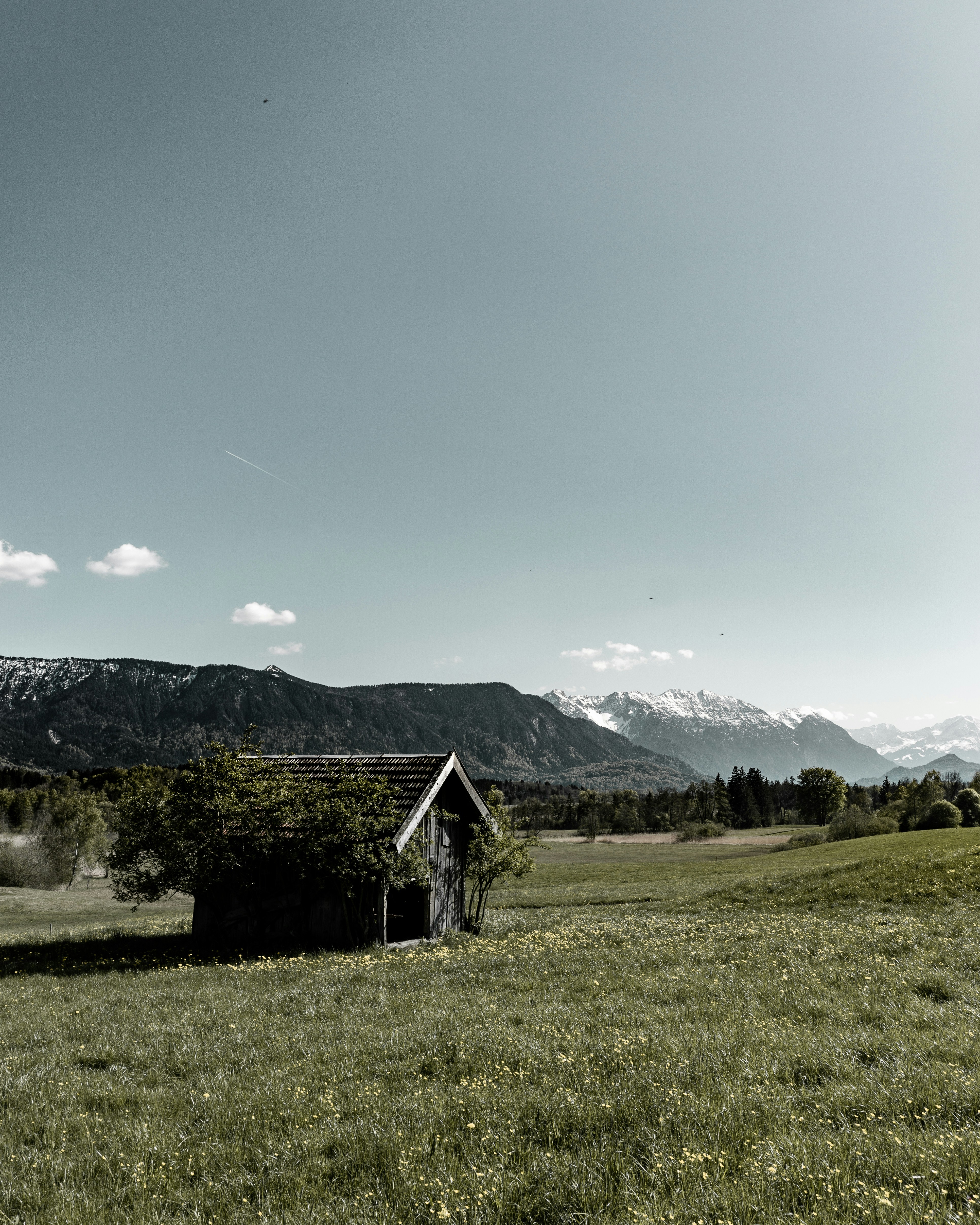 An abandoned wooden cabin nestled in a lush green meadow with majestic mountains in the background, evoking a sense of tranquility and nostalgia.