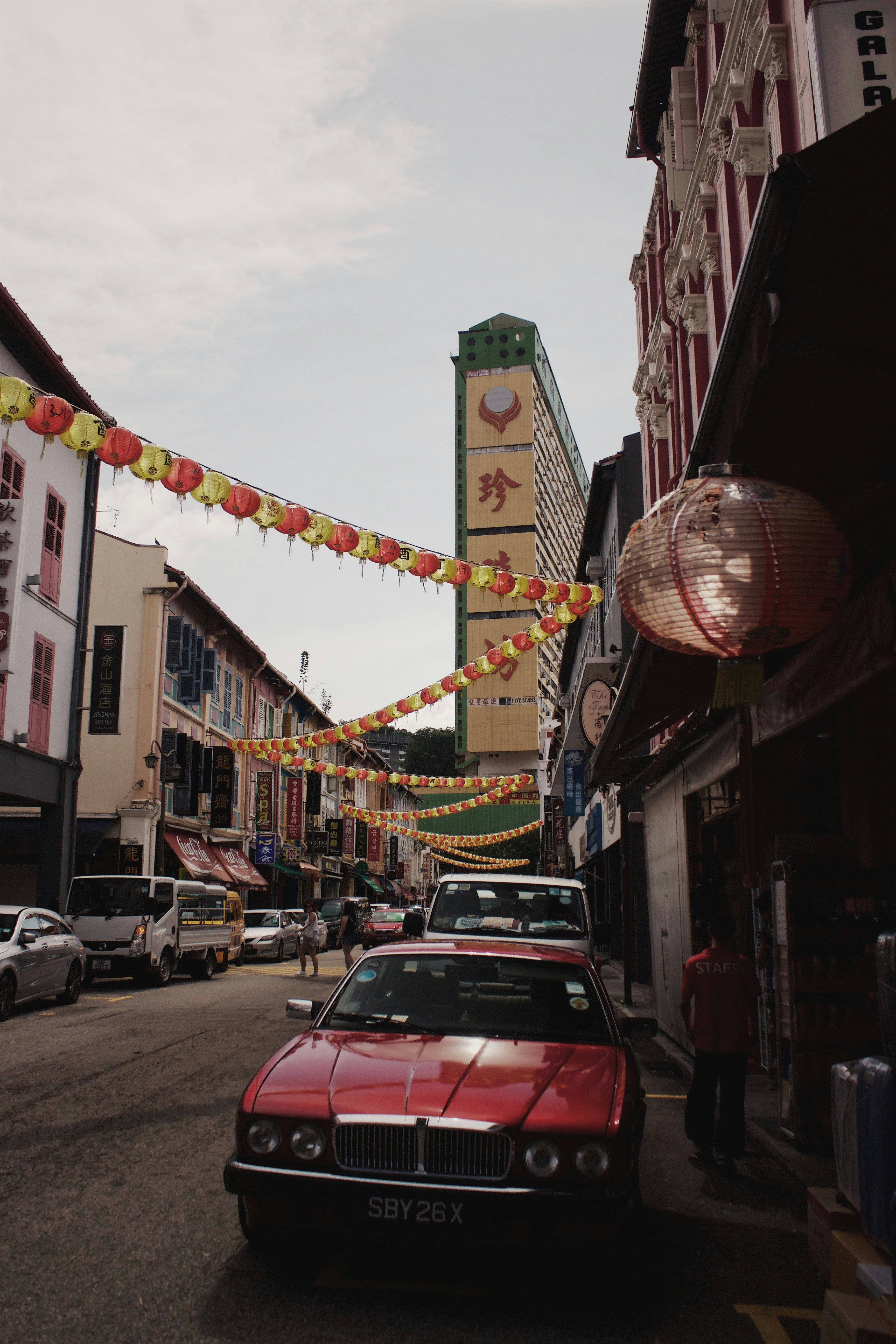 Crimson Classic on a Lantern-Lit Chinatown Avenue