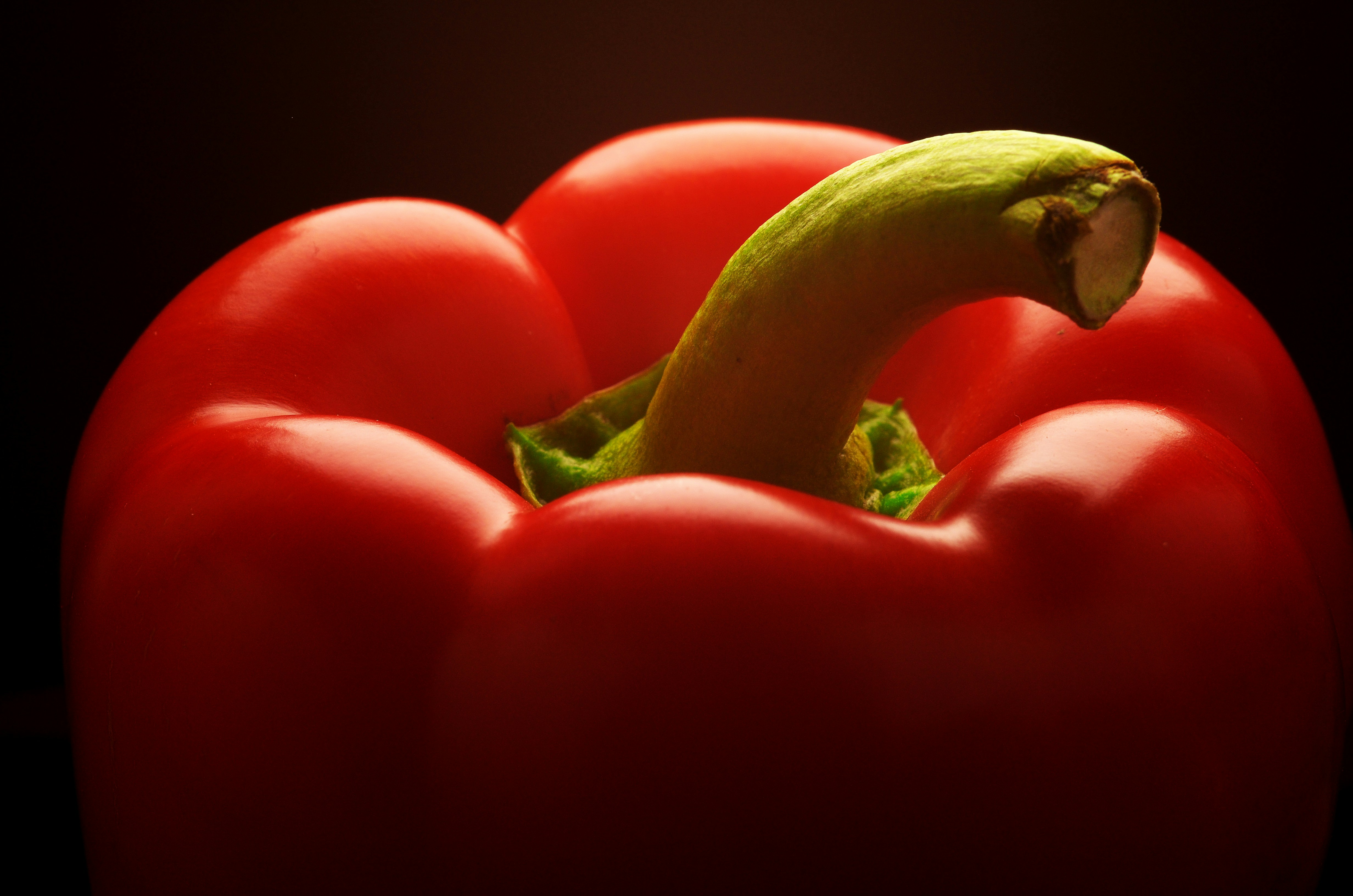 Close-up of a glossy red bell pepper showcasing its smooth texture and vibrant color against a dark background.