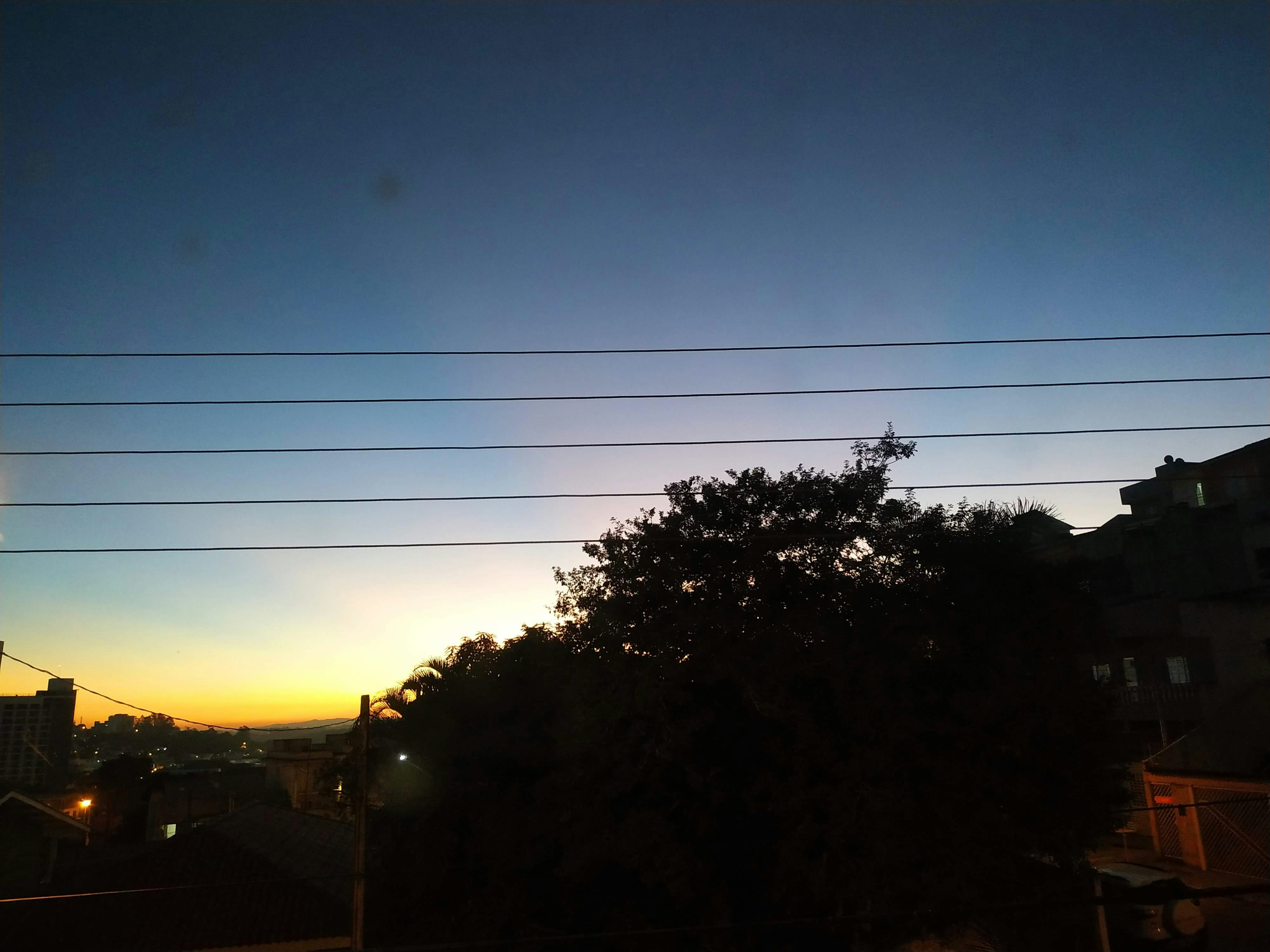 Silhouetted trees and buildings against a gradient twilight sky, showcasing the transition from day to night.