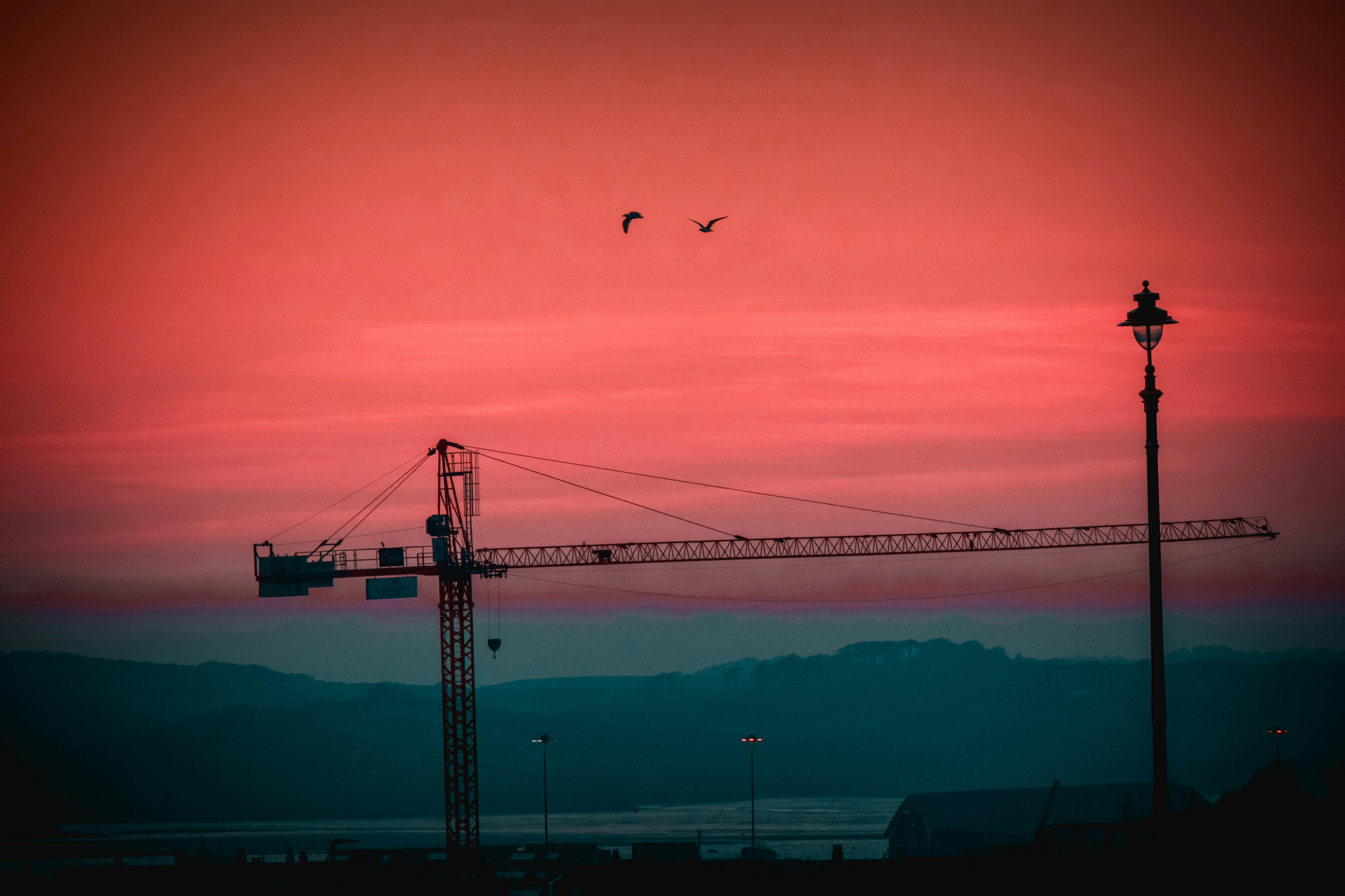 Crane Silhouette at Dusk Over a Pink Harbor