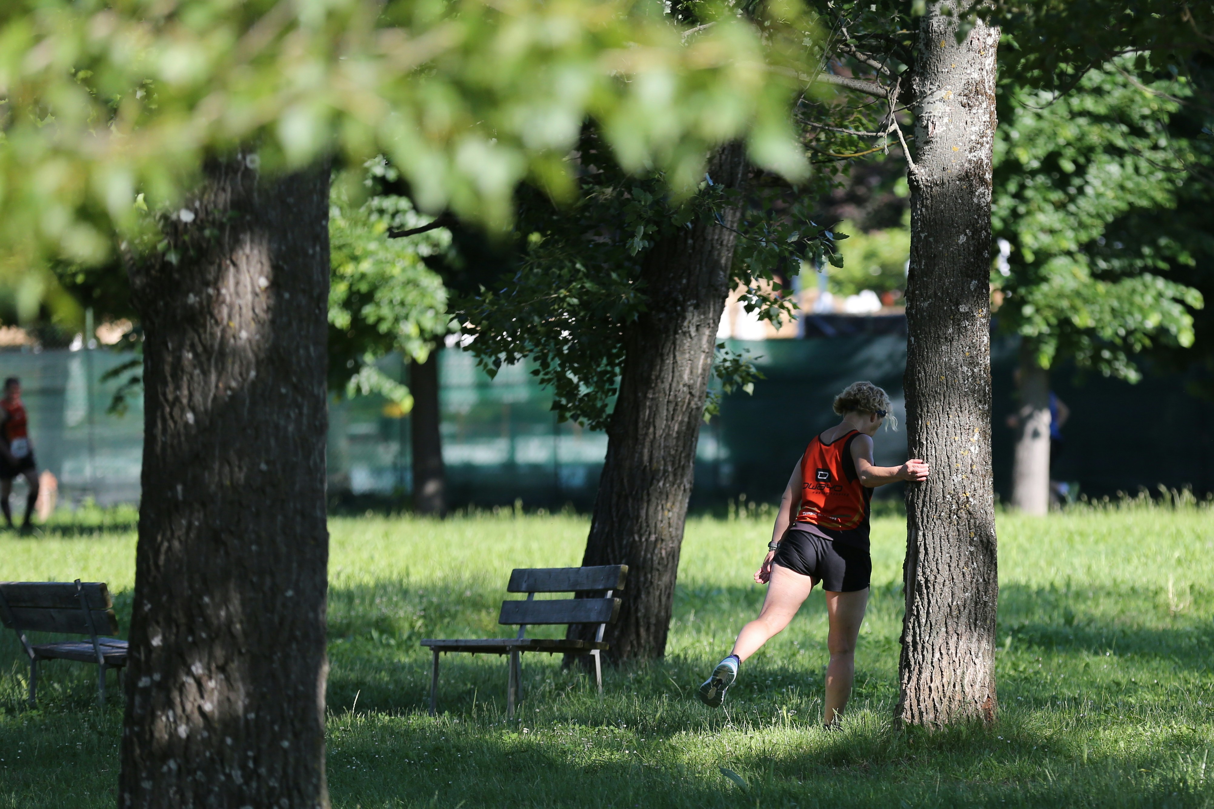 Athlete stretching against a tree in a vibrant park setting, surrounded by lush greenery and benches.