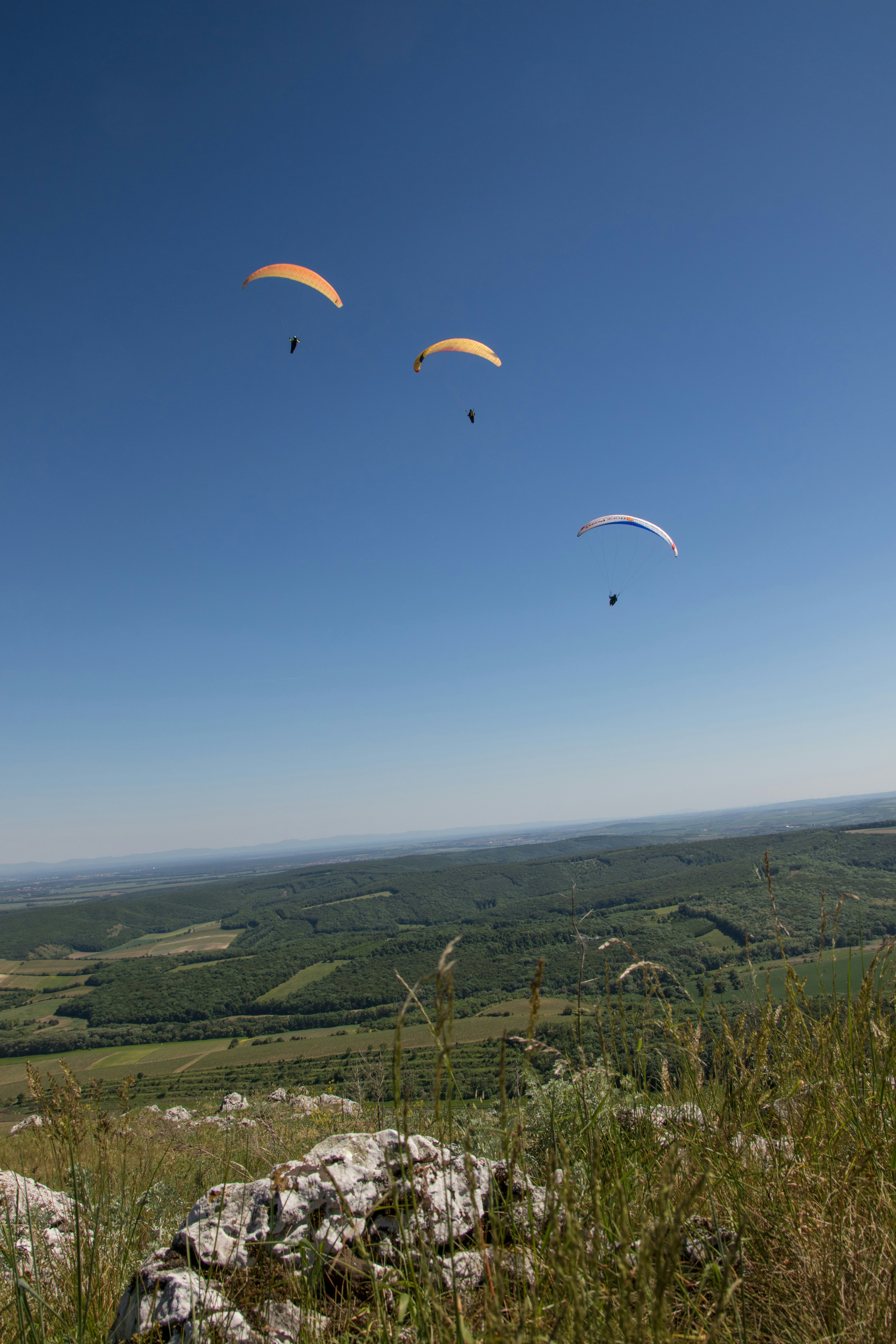 Foto Tres personas volando en parapente sobre Green Field – Imagen Azul ...