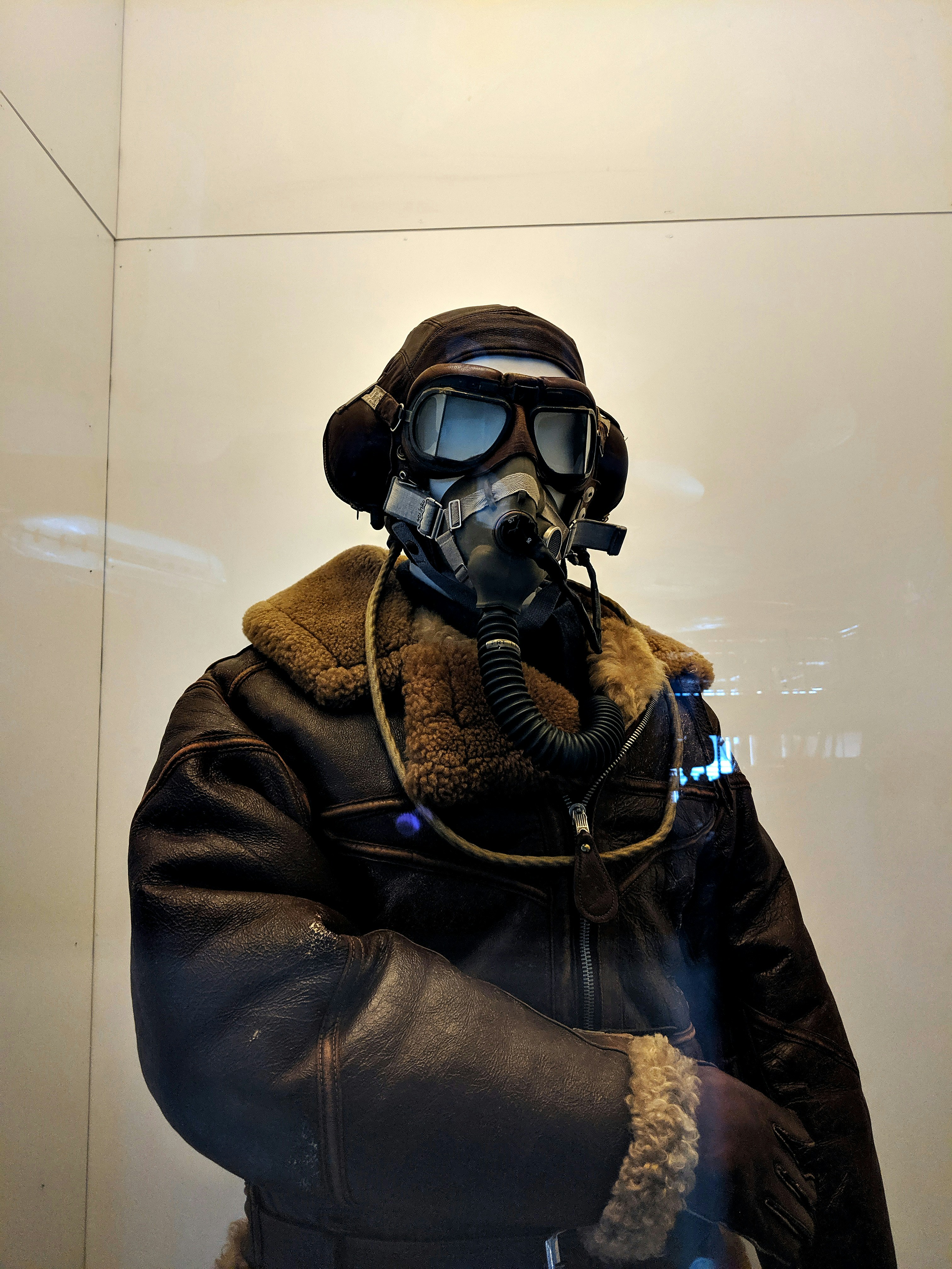 A vintage aviator mannequin dressed in a leather flight jacket and goggles, encased in glass. The ensemble showcases historical aviation gear.