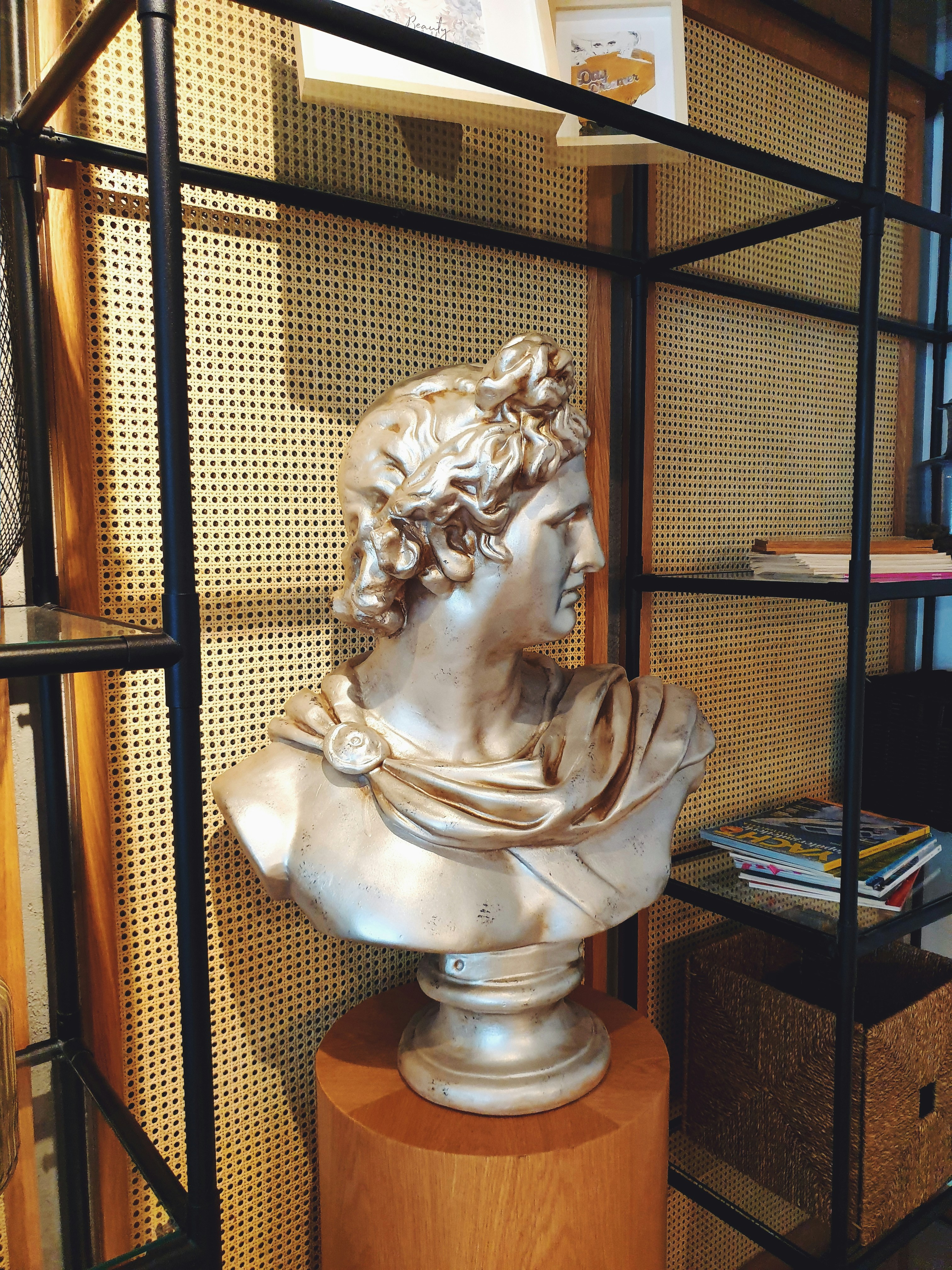 Marble Bust Among Shelving: A Quiet Gallery Corner