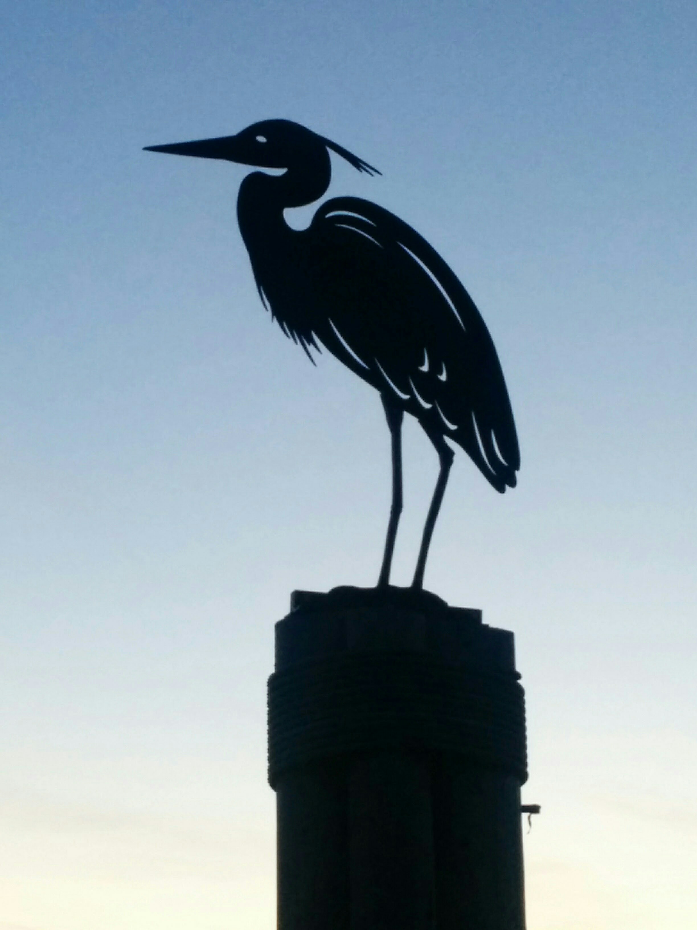 Metal silhouette of a heron perched on a tall pillar against a gradient sky; captured as a sculptural silhouette.
