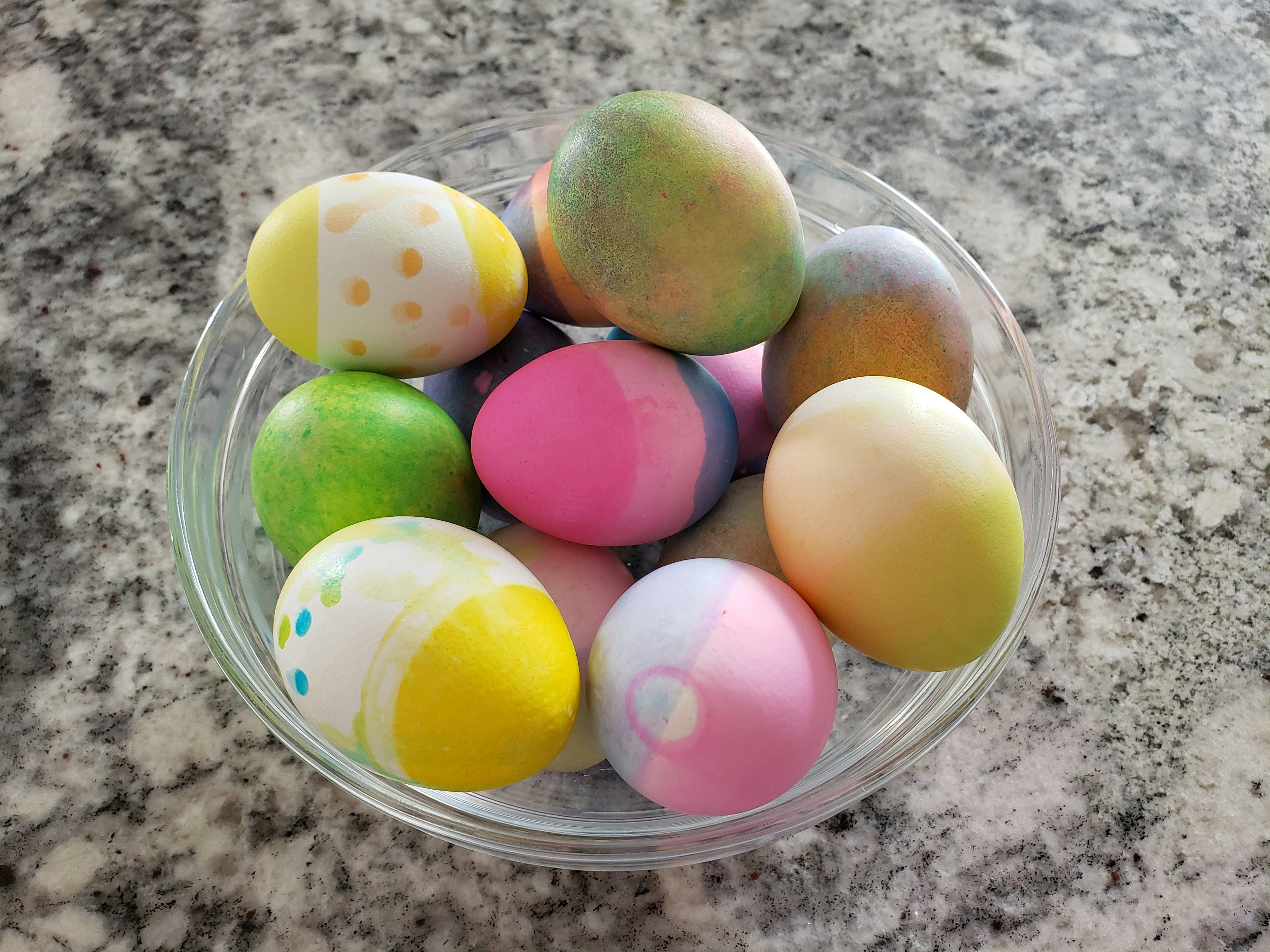 Pastel Easter Orbs in a Glass Bowl: a quiet countertop still life