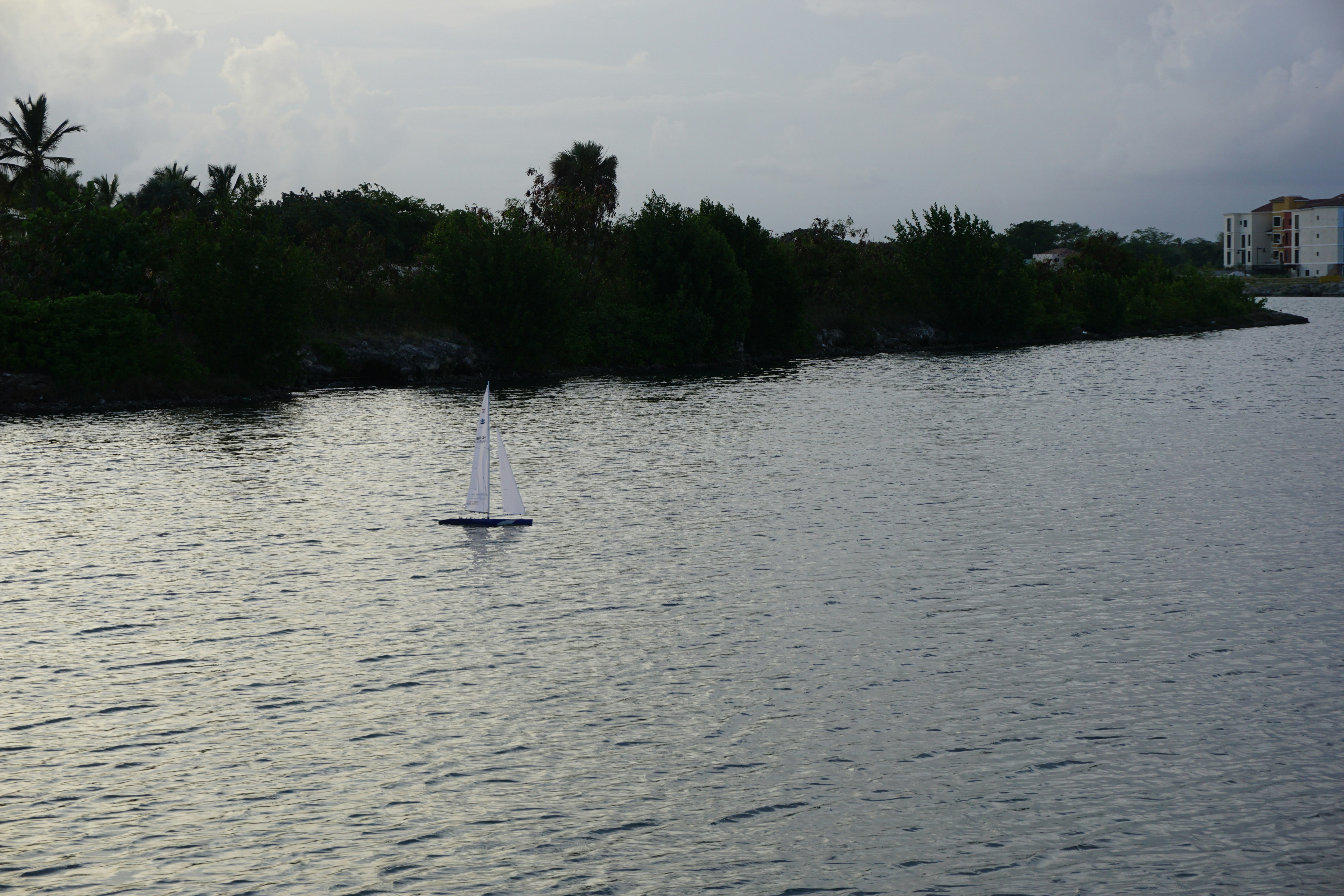 Solitary sail on a quiet river, framed by shadowed banks and distant buildings