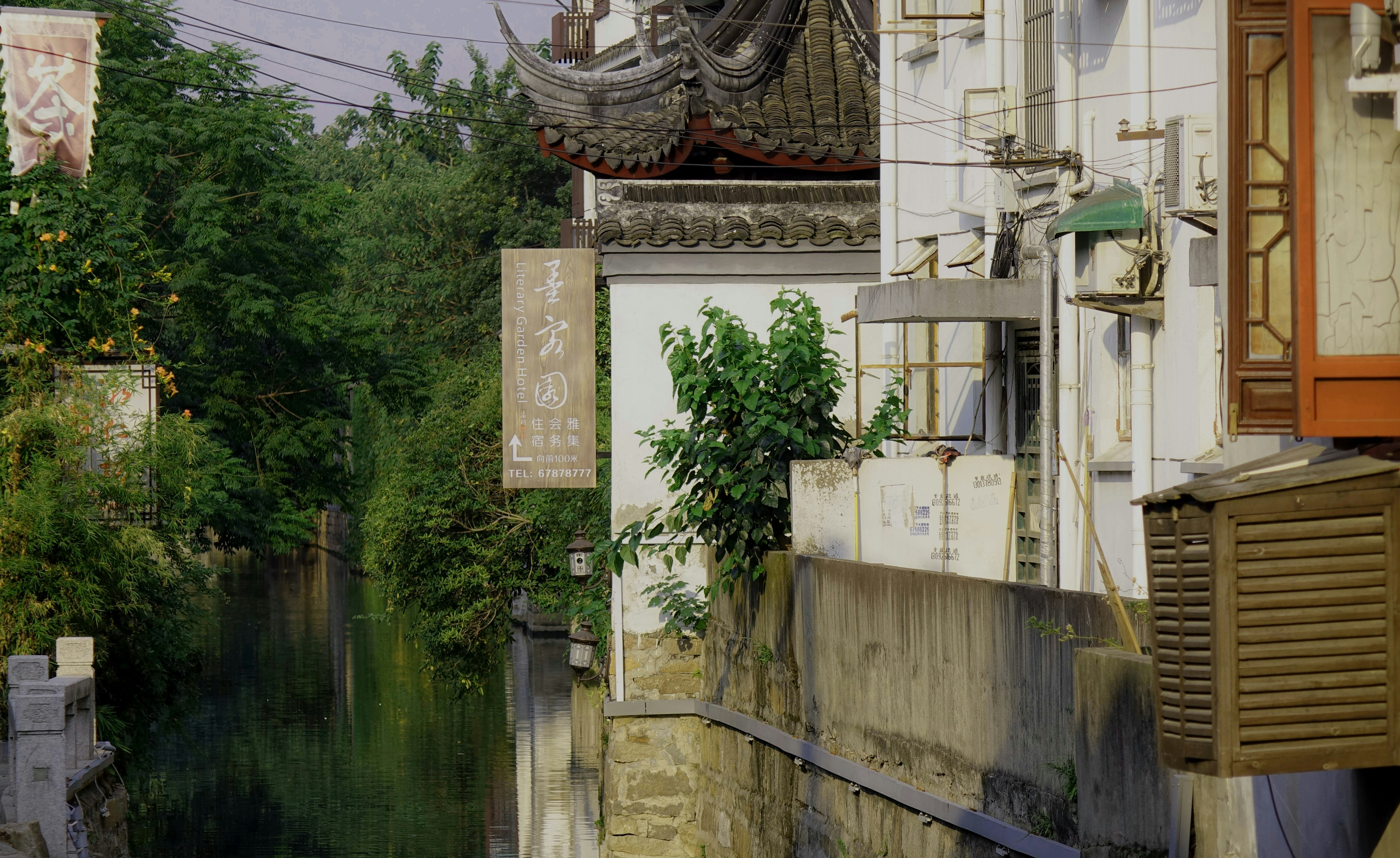 Charming canal lined with traditional architecture and lush greenery, showcasing a tranquil moment in a historical setting.