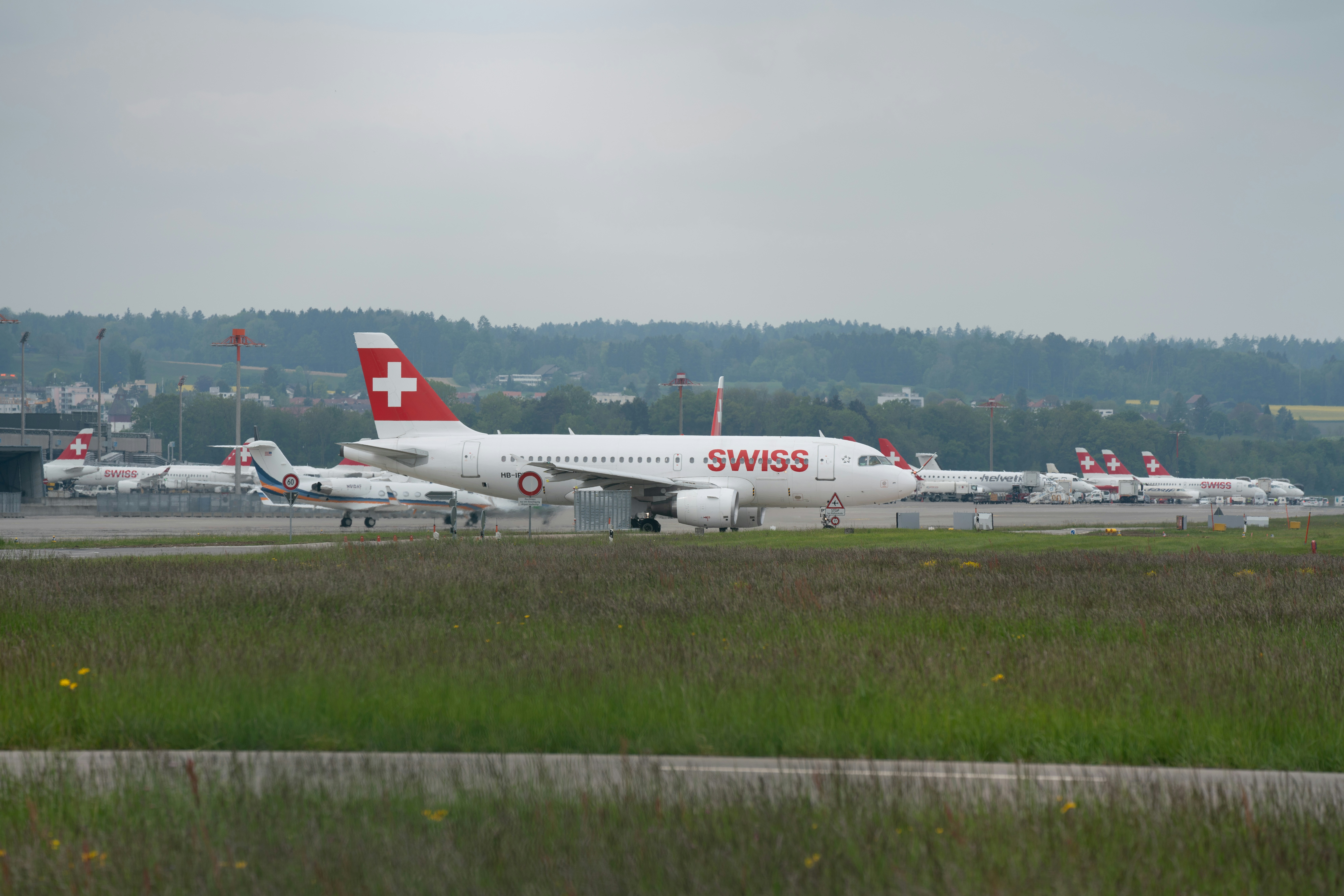 Swiss Aircraft Prepares for Takeoff Amid Verdant Landscape