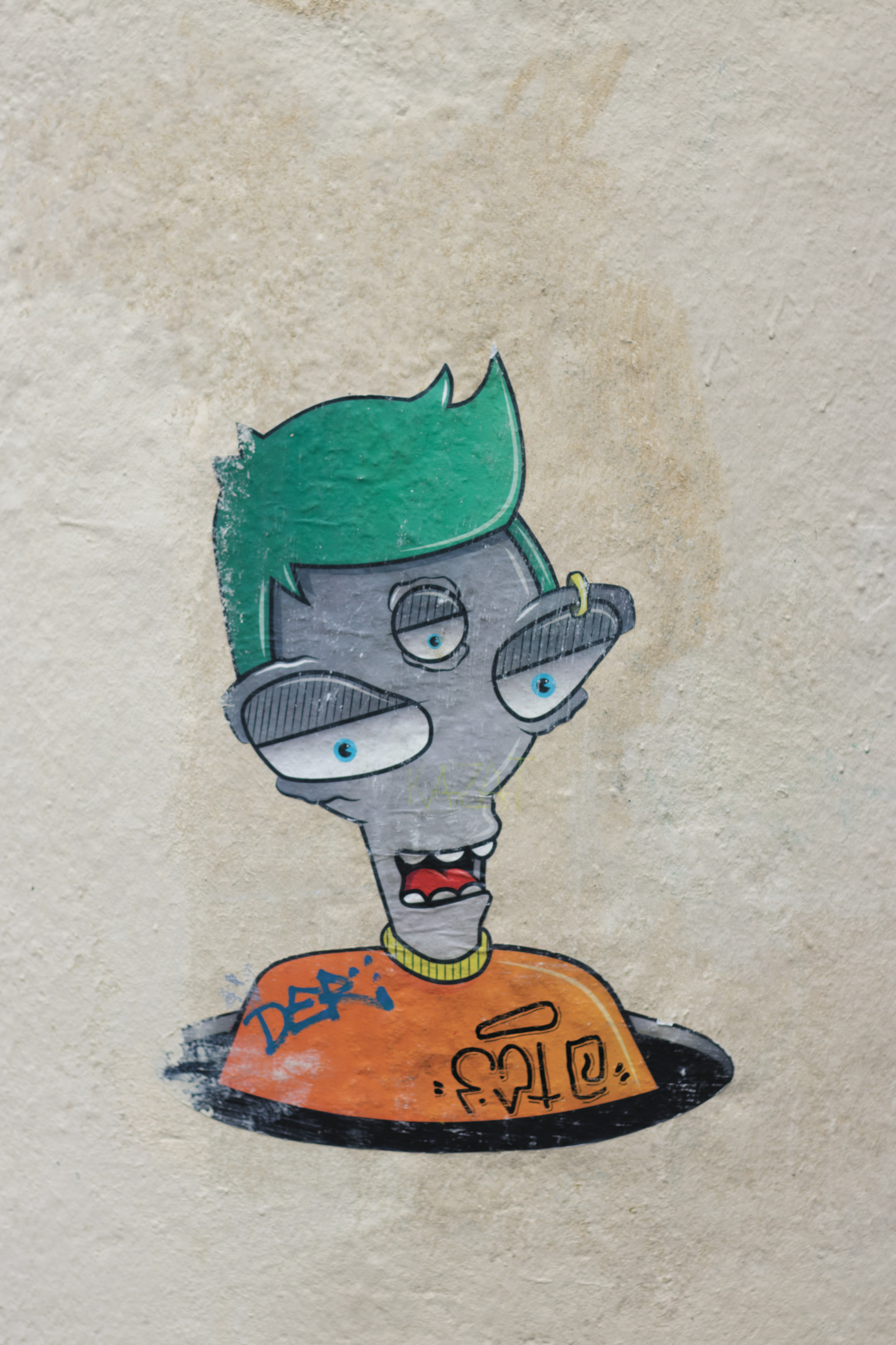 Emergent Portrait from Concrete: Green-Haired Graffiti Character Rising from a Street Manhole