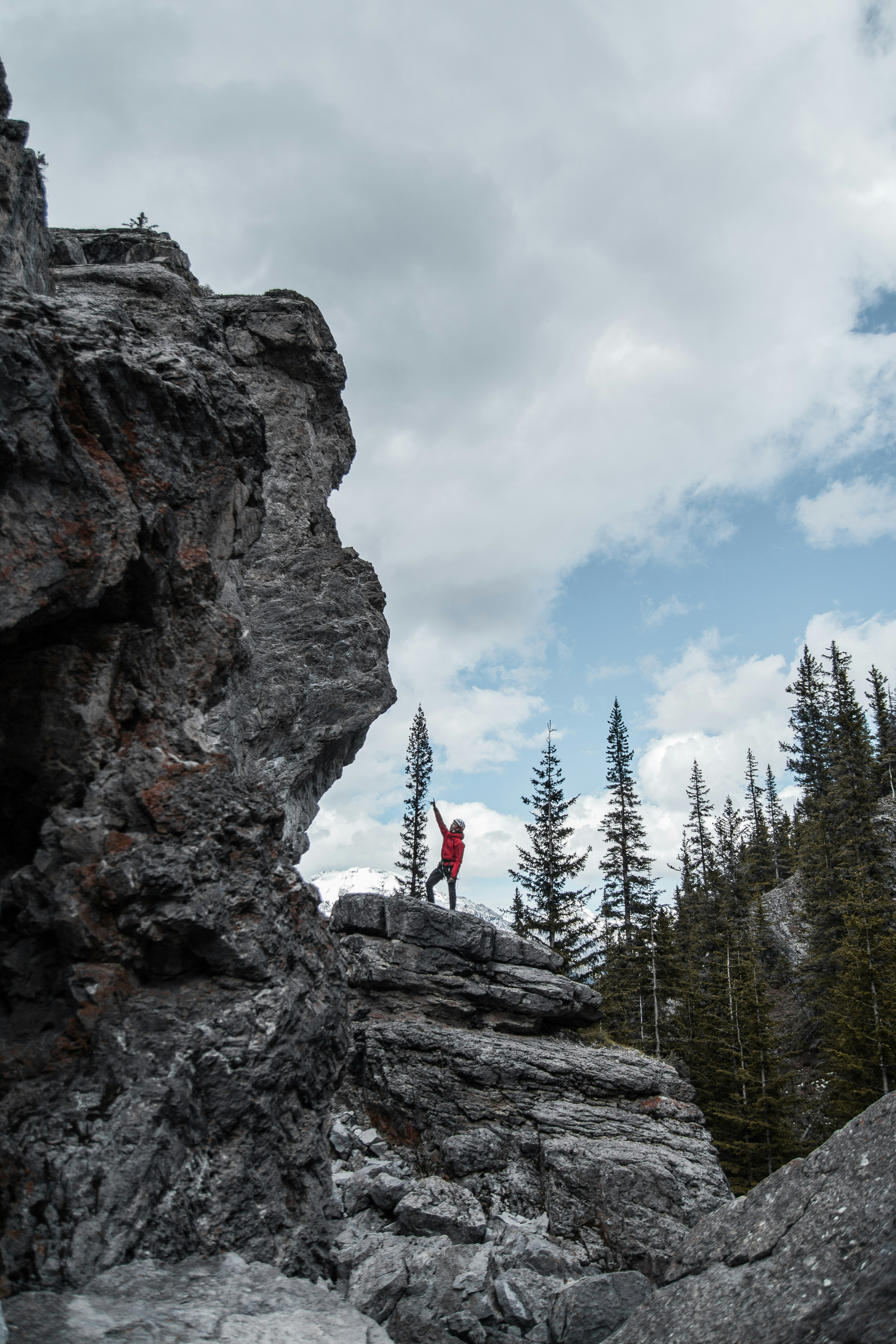 Hiker in a red jacket triumphantly stands atop a rocky formation against a backdrop of evergreen trees and cloudy skies.