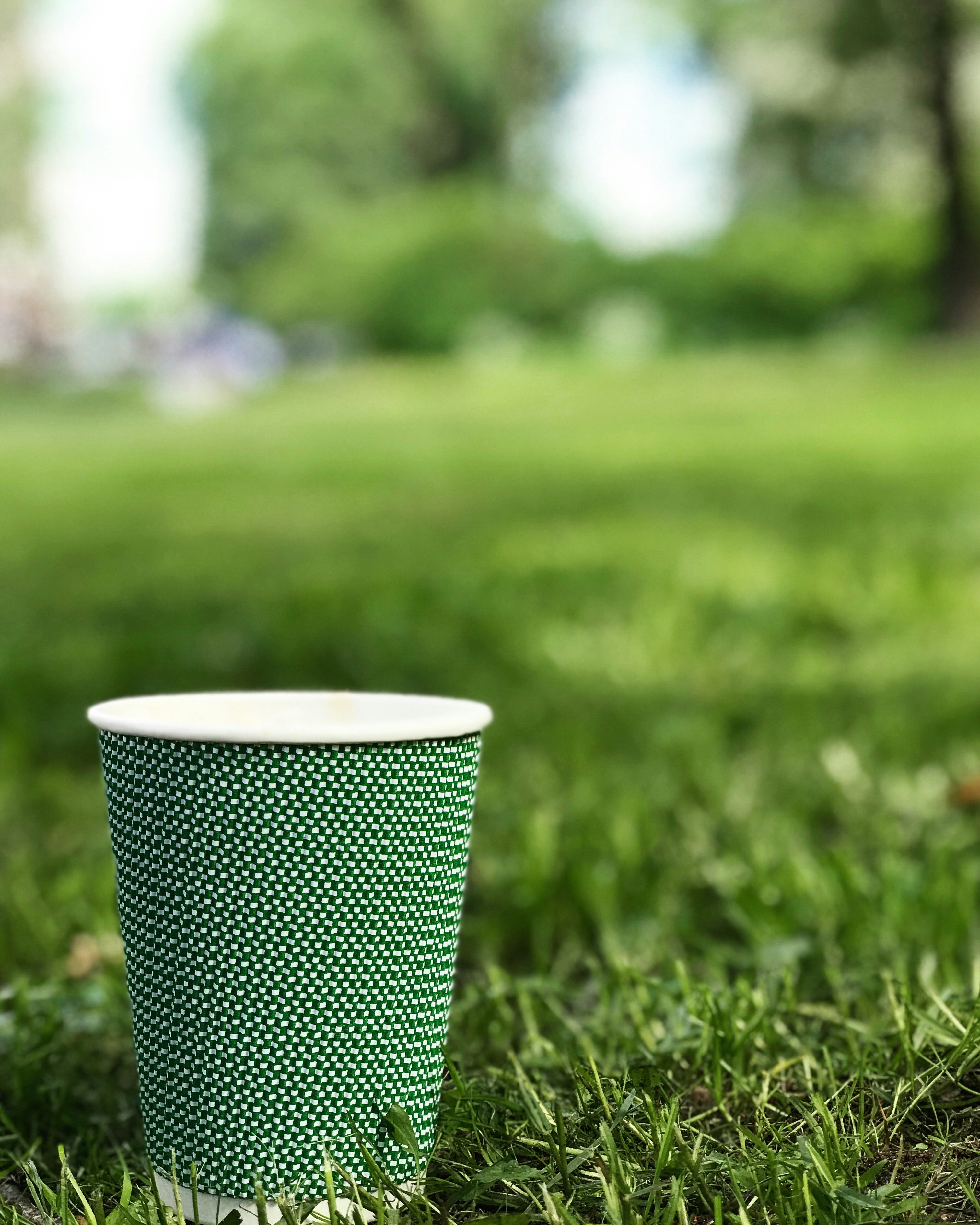 A green paper cup resting on lush grass, surrounded by a serene outdoor setting. The focus highlights the cup against a blurred background of greenery.
