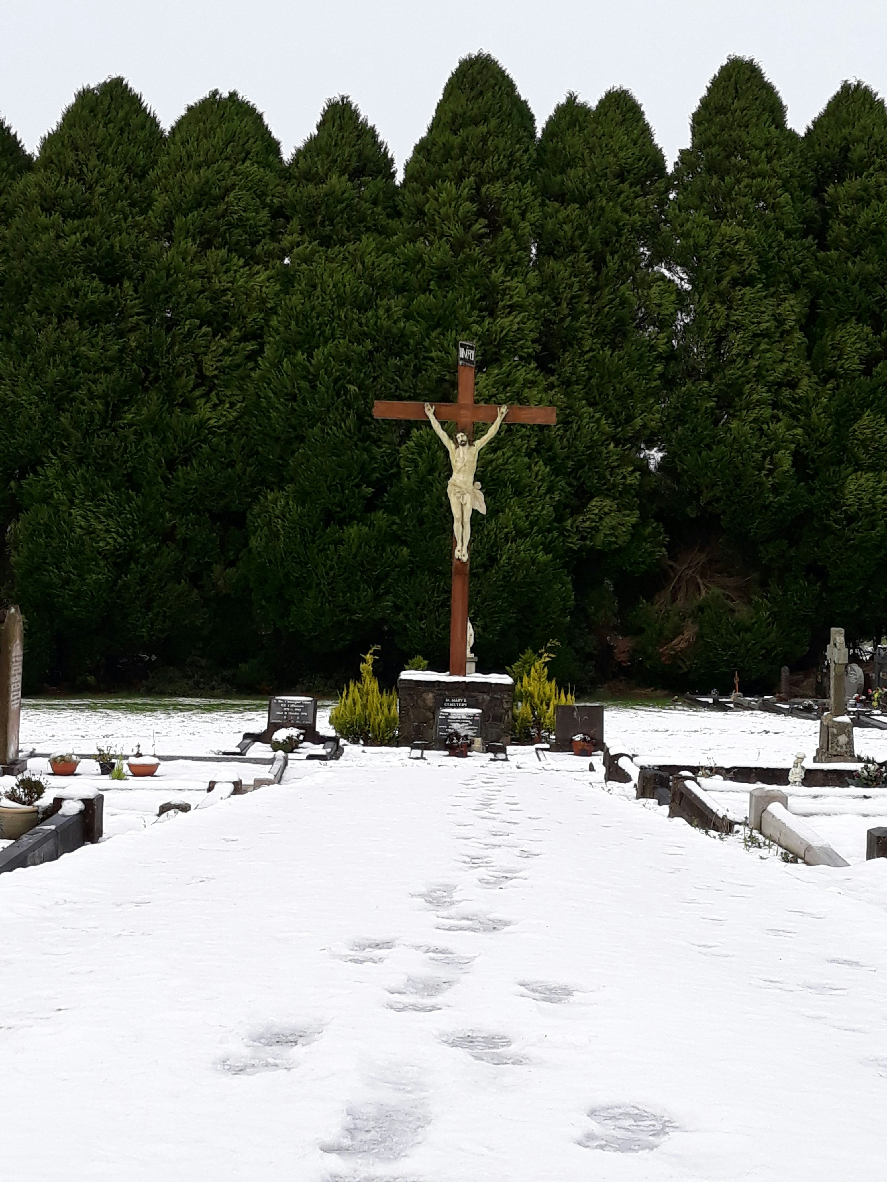 Snow blankets a cemetery path toward a central crucifix, framed by tall evergreen trees.