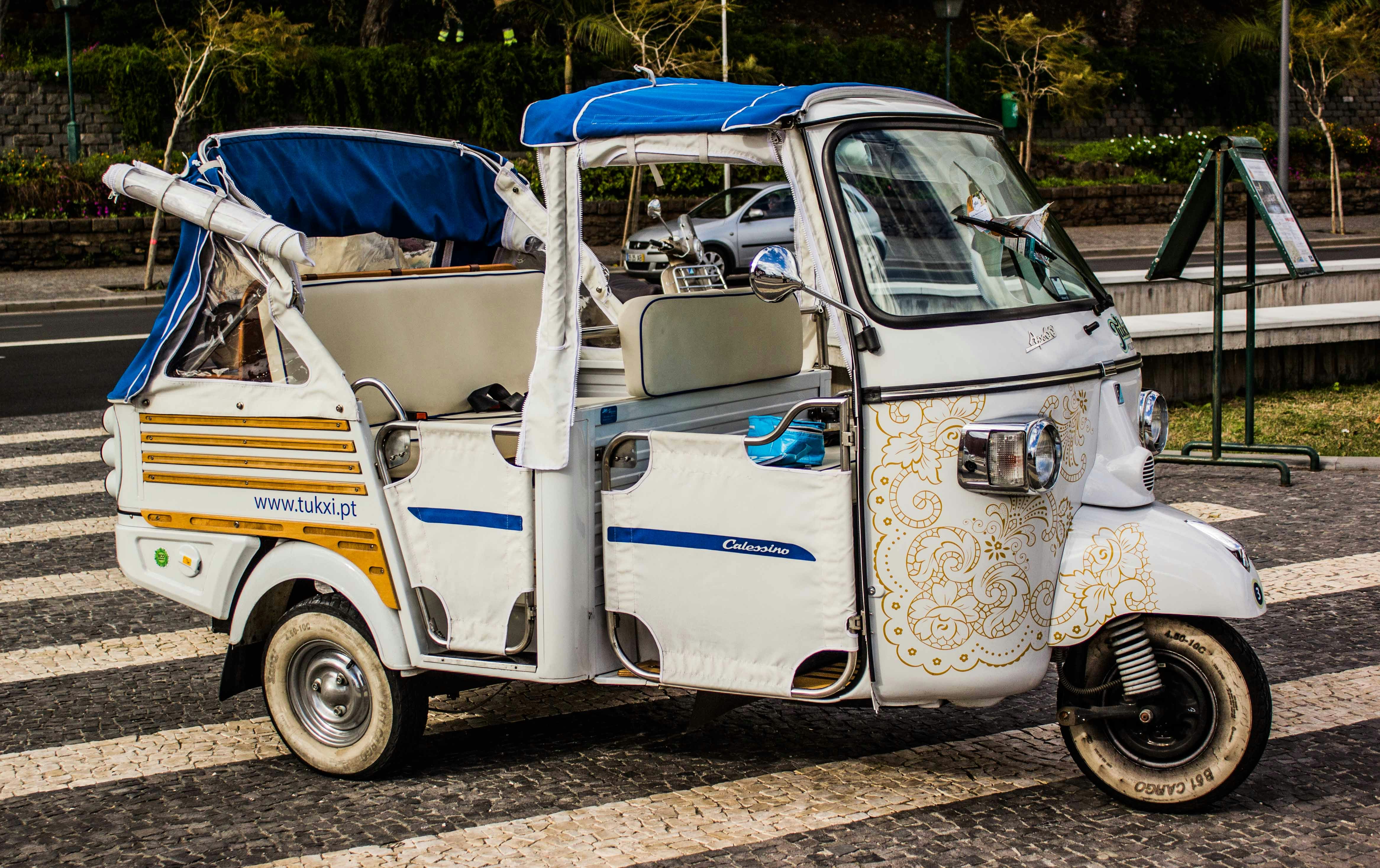 White and gold tuk-tuk under a blue canopy with patterned front panel