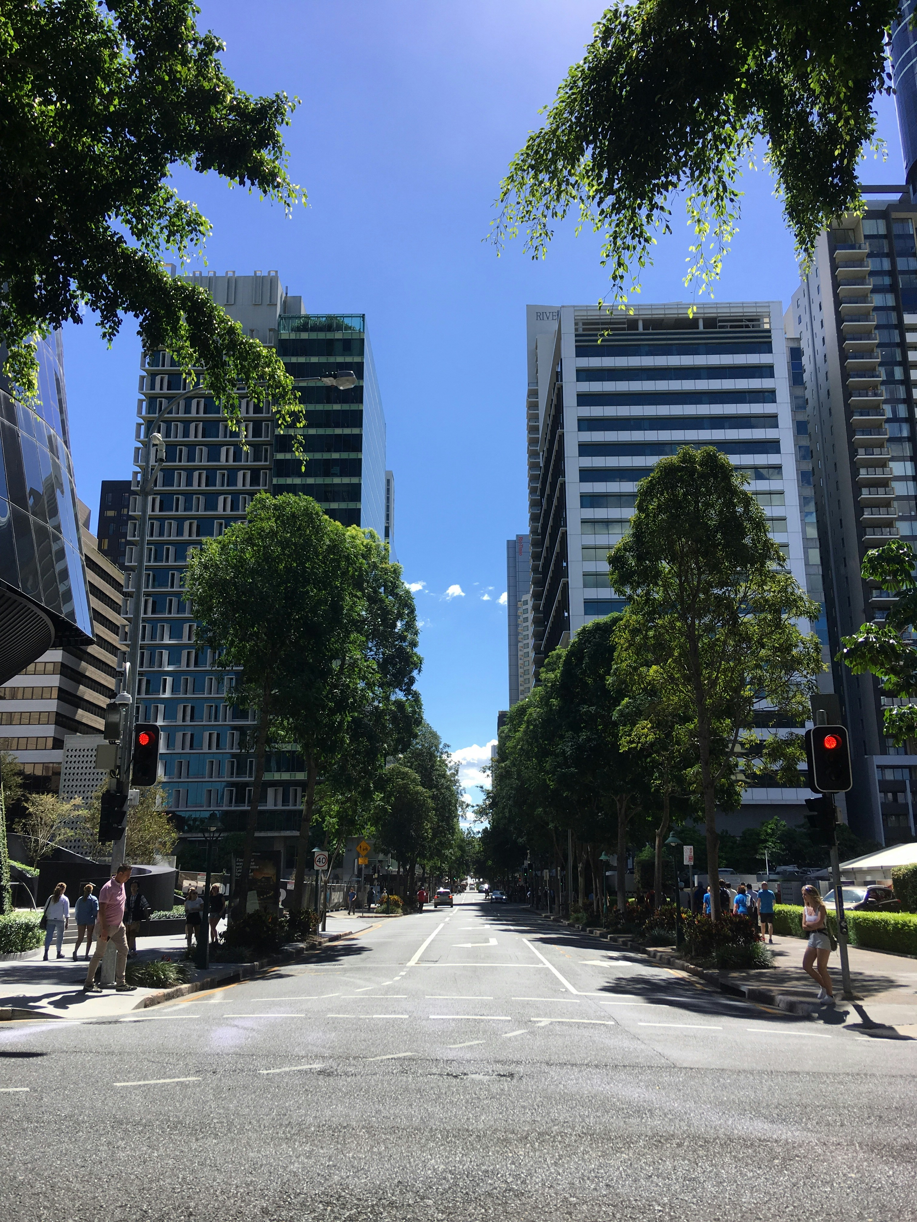 Vibrant city street scene with modern skyscrapers, lush trees, and pedestrians crossing at a traffic light. A clear blue sky enhances the urban atmosphere.