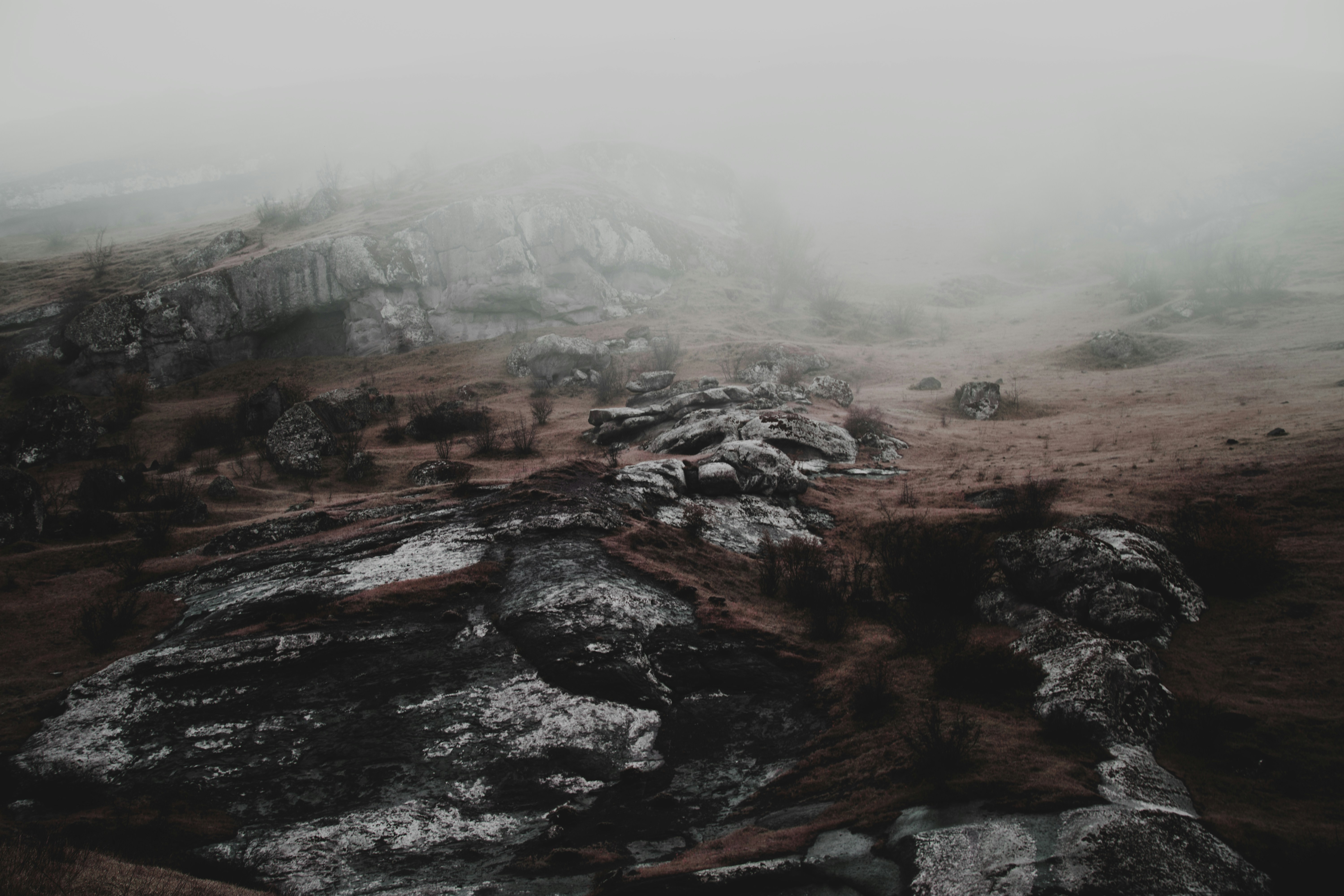 A foggy landscape with rocks and grass photo – Free Grey Image on Unsplash