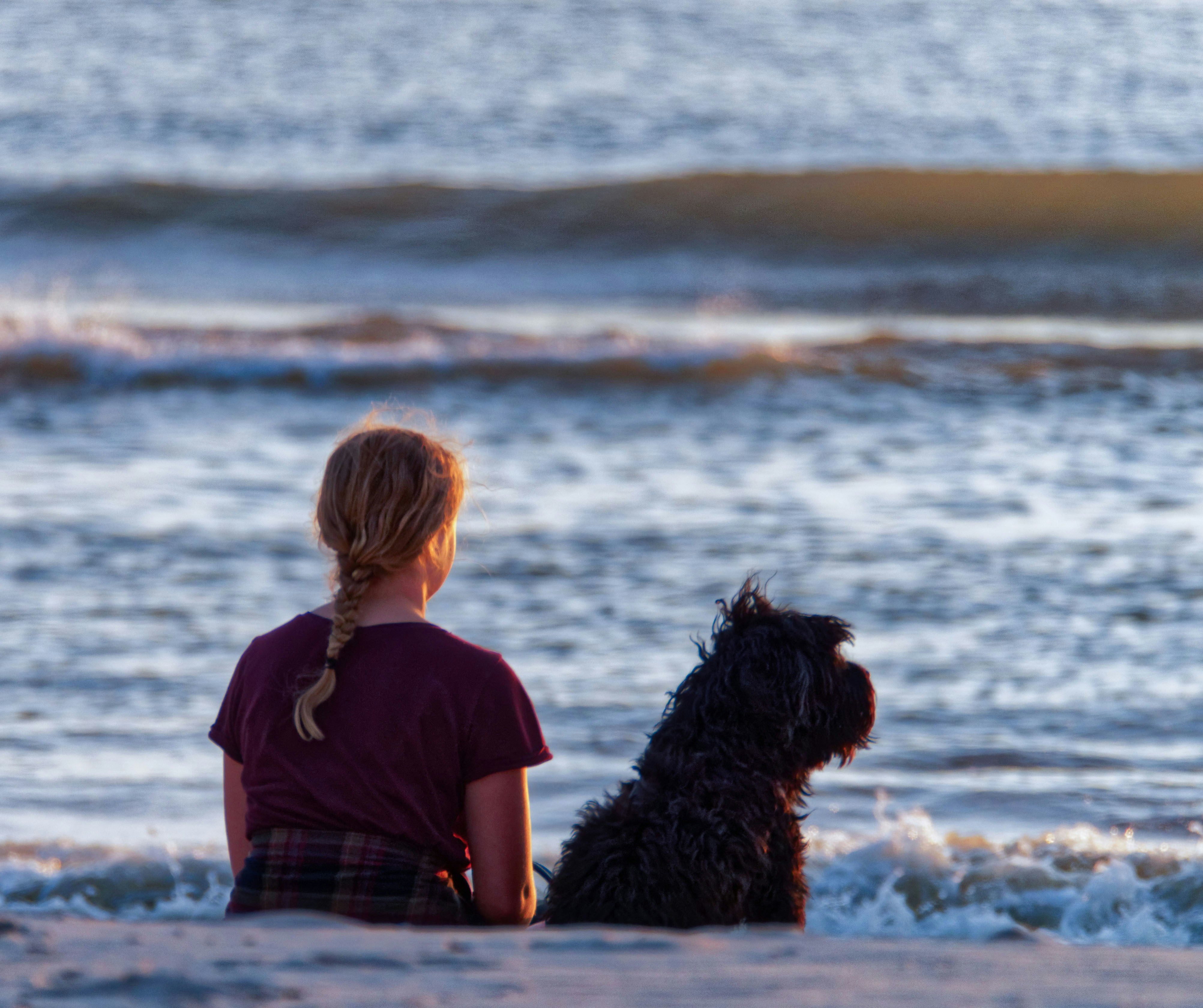A girl and her dog sit peacefully by the waves, enjoying a tranquil moment at the beach during sunset.