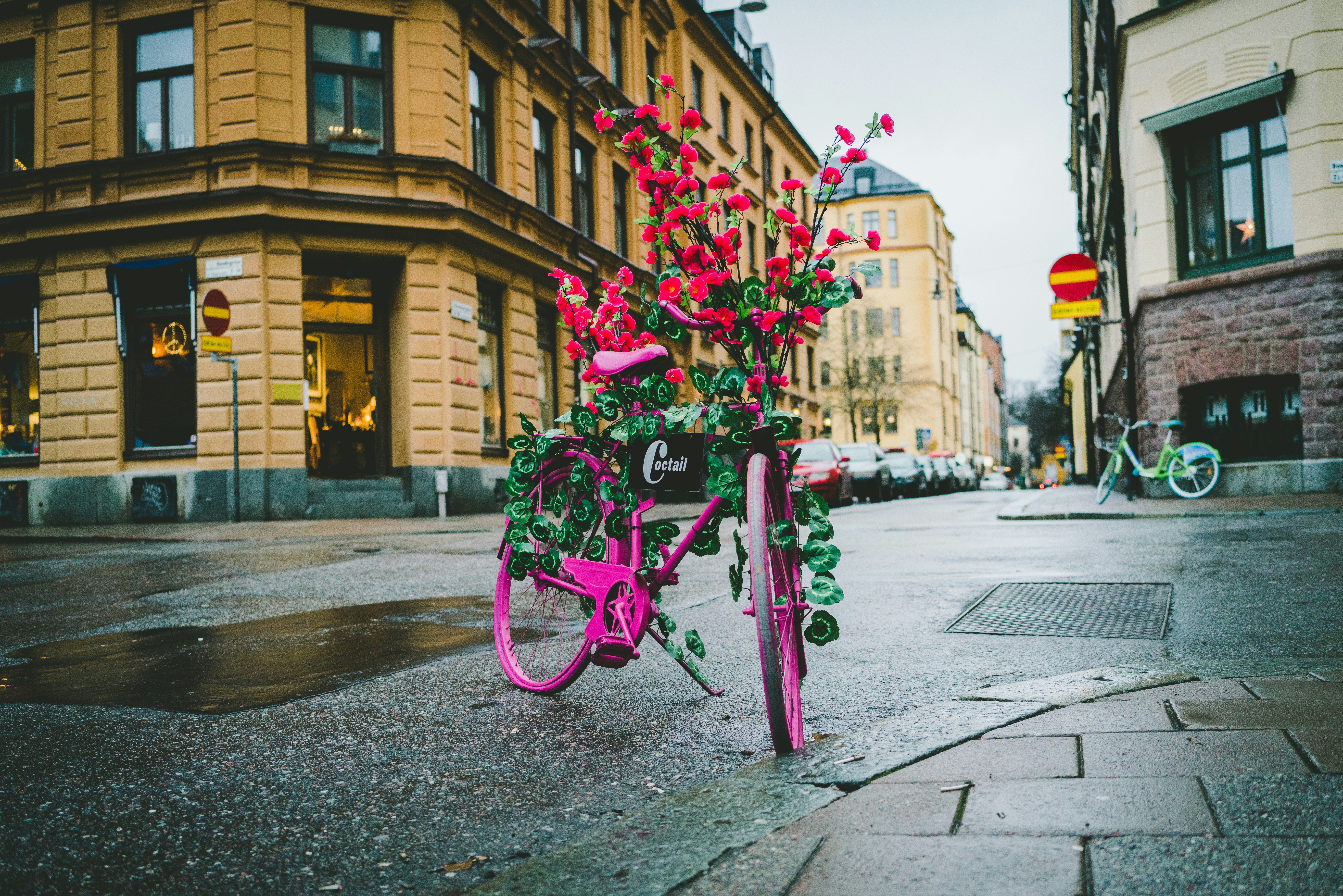 A pink bicycle adorned with vibrant flowers stands on a rainy street, blending urban life with nature's beauty.