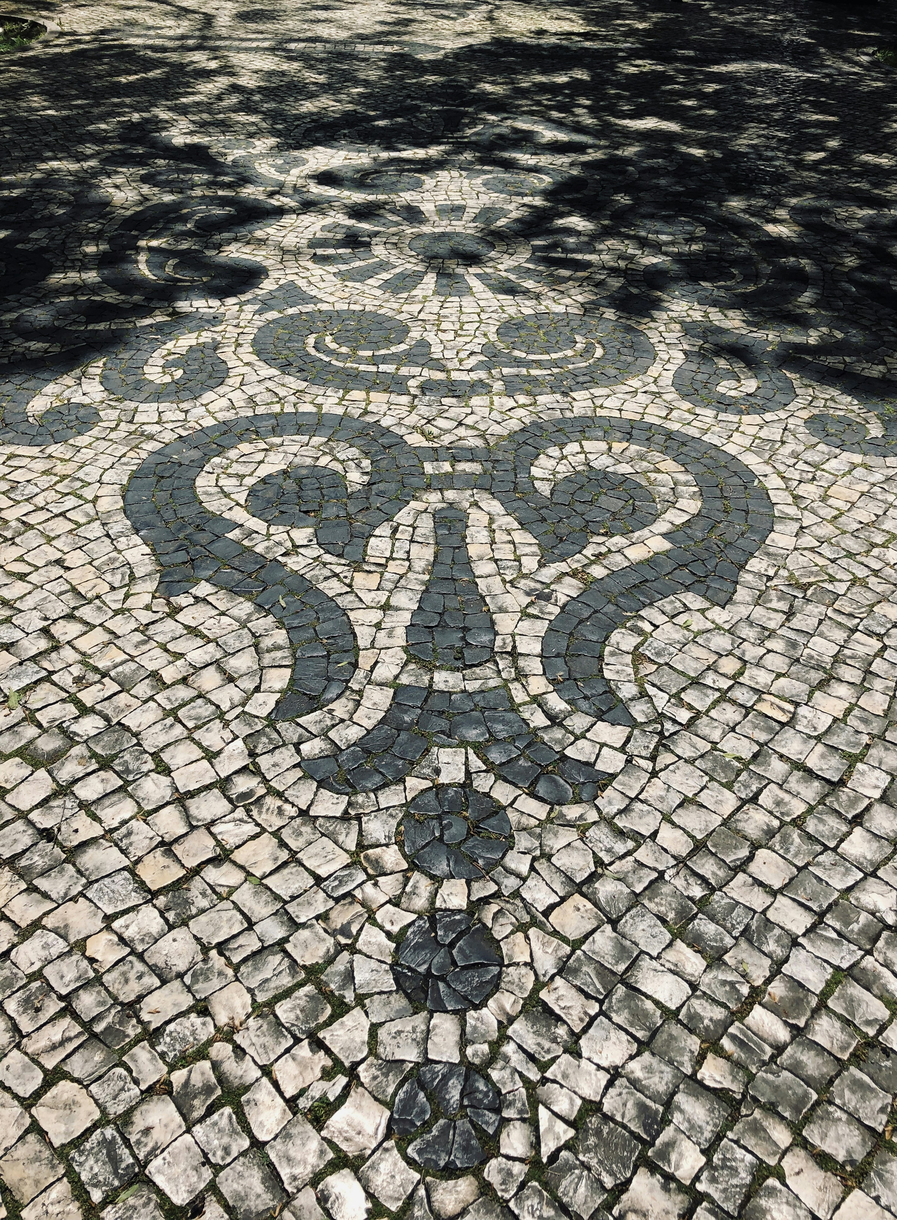 Detailed cobblestone mosaic design featuring swirling patterns and contrasting colors. The interplay of light and shadow enhances the texture and depth of the surface.