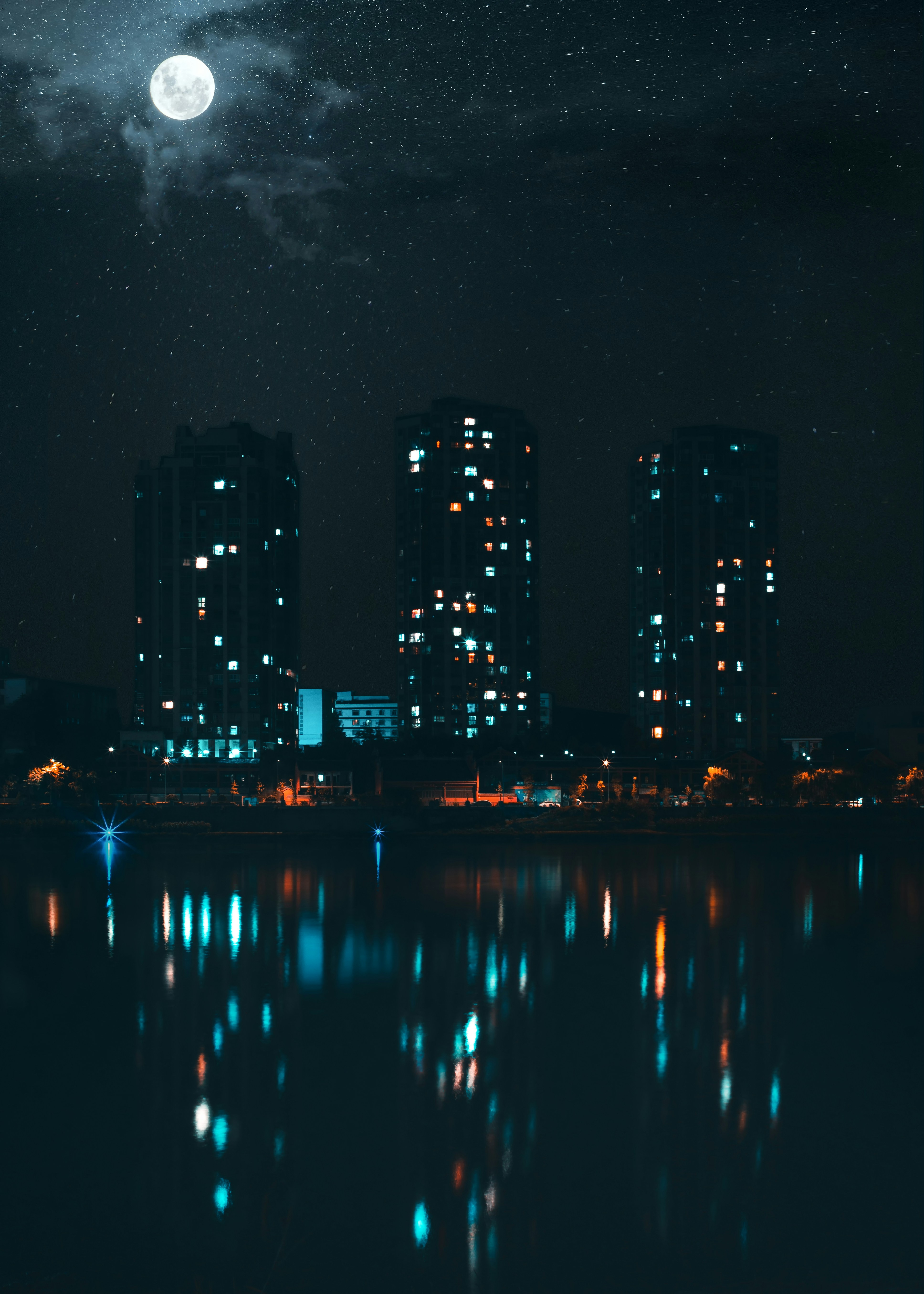 City Lights At Night With Moon