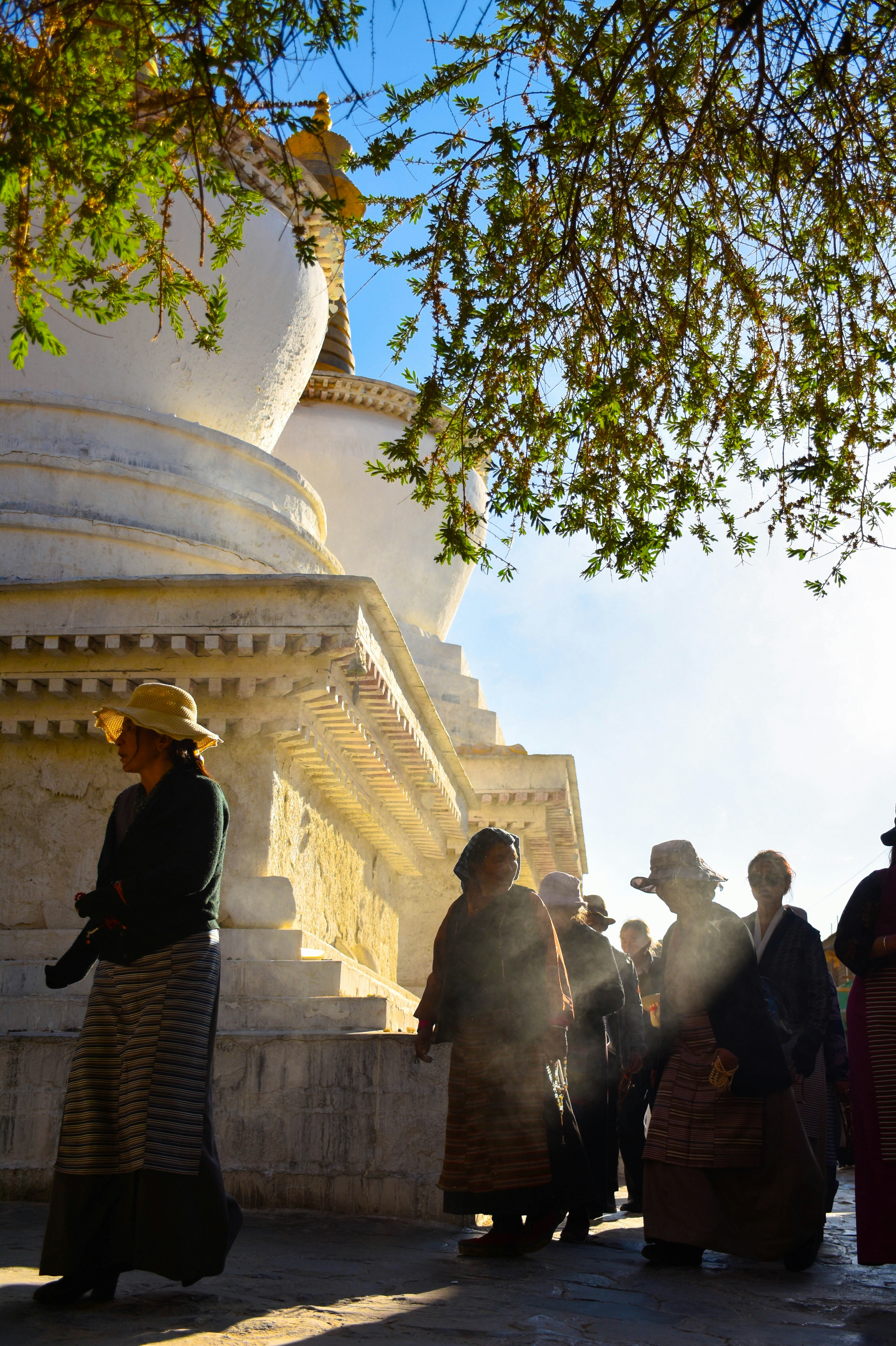 Dappled Light Along the White Stupa: Pilgrims in Shadow