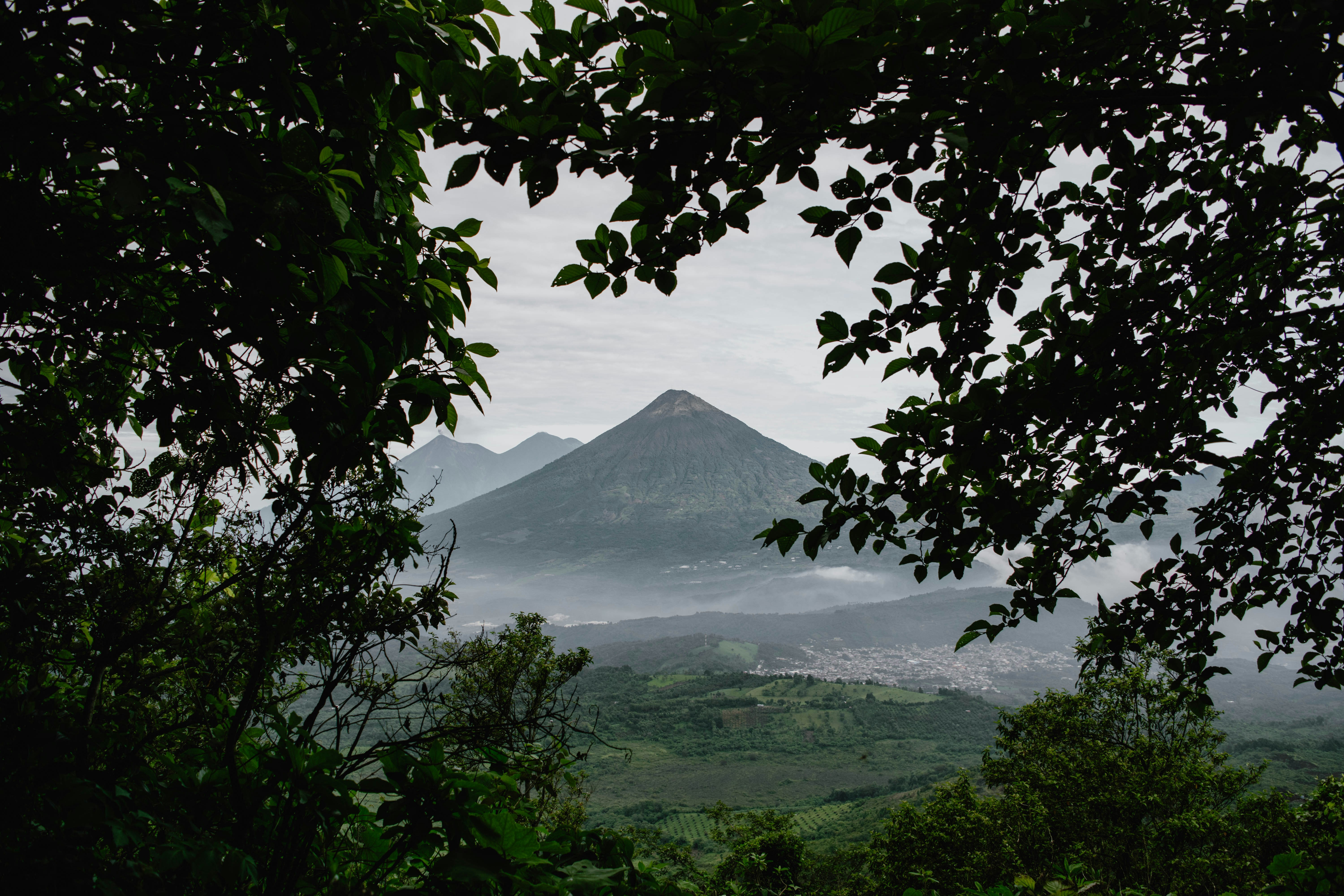Volcano view framed by lush green foliage with mist over the valley.