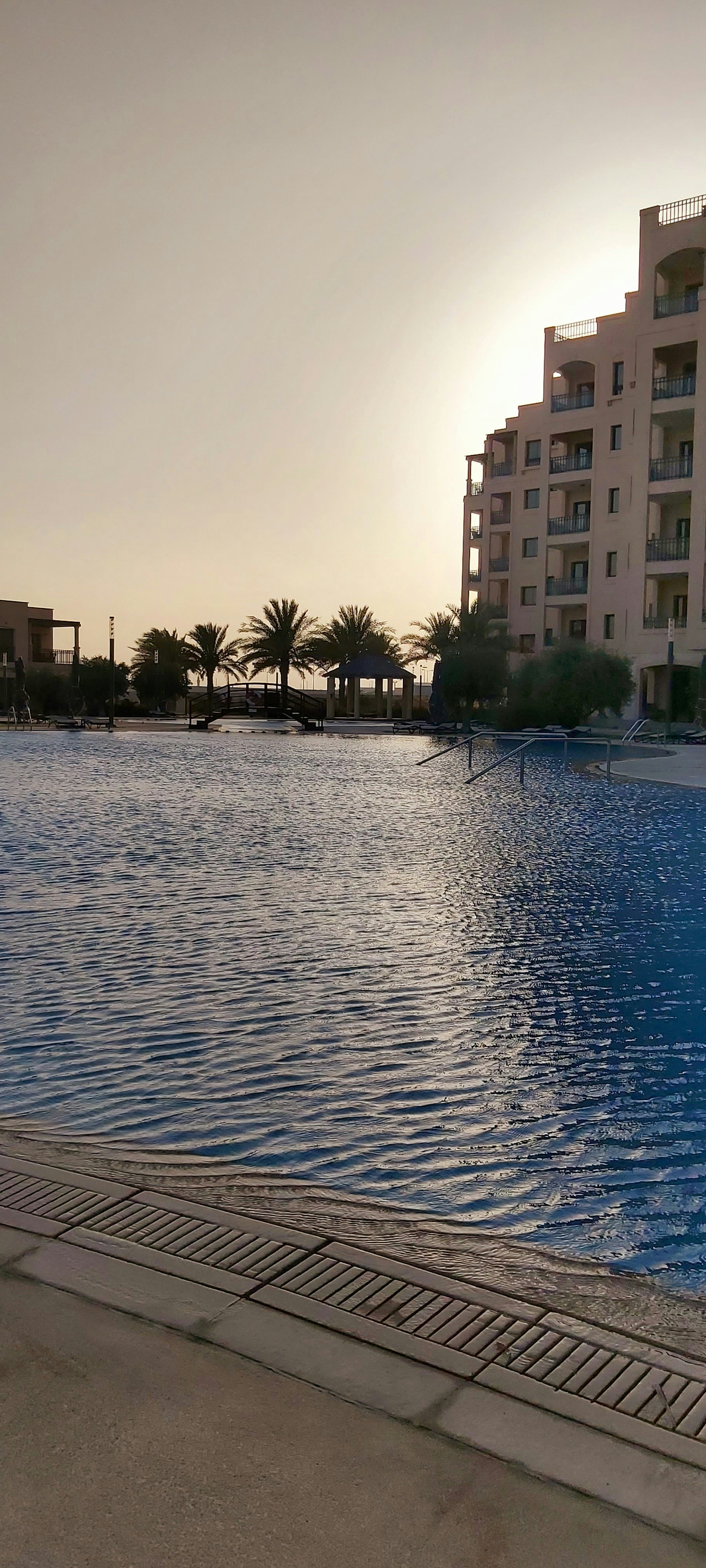 A tranquil pool scene framed by palm trees and modern architecture, capturing the essence of relaxation at sunset.
