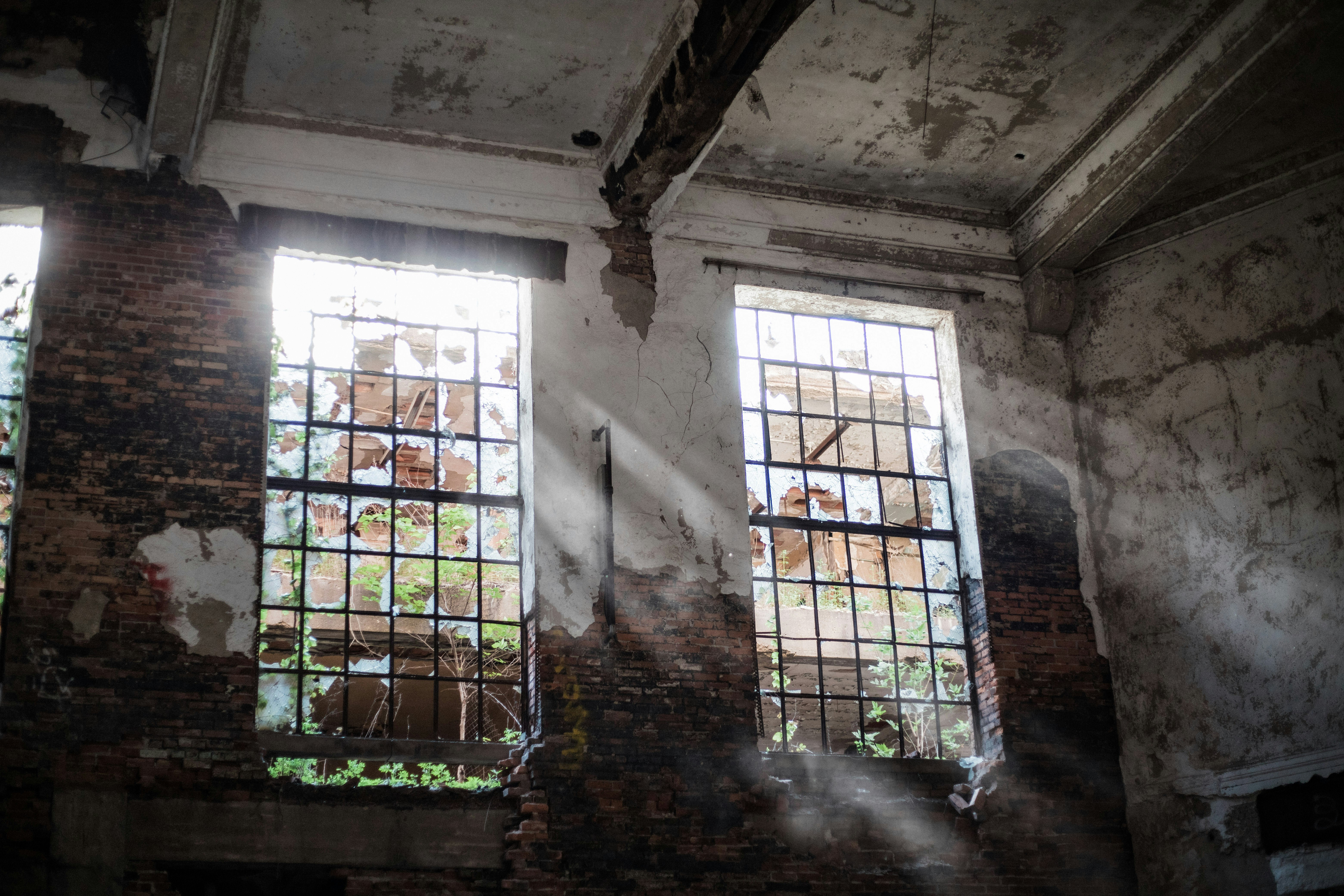 Sunlight streams through broken windows in a decaying building, illuminating the interplay of light and shadow on weathered walls. Vegetation peeks through the cracks, symbolizing nature's resilience.