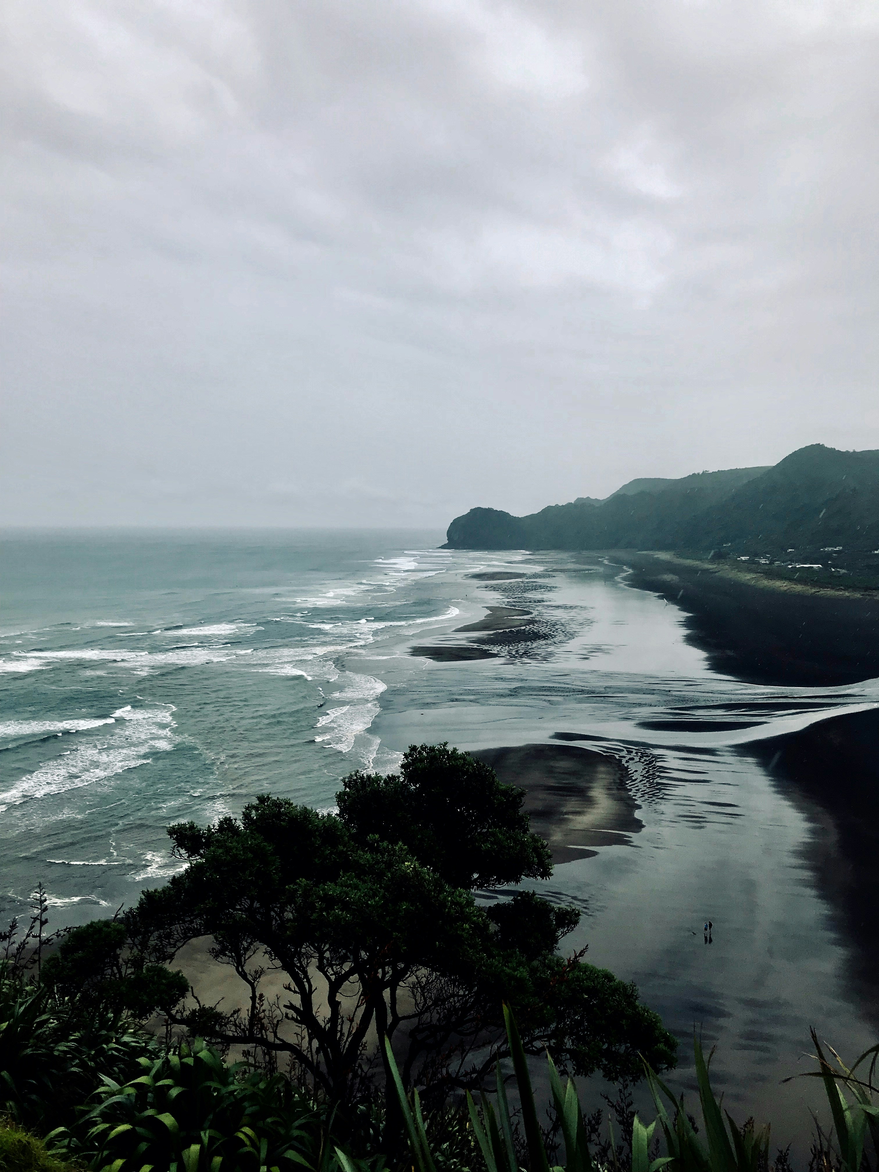 Shadowed Shoreline: Dark-Sand Beach Curves Toward Verdant Cliffs