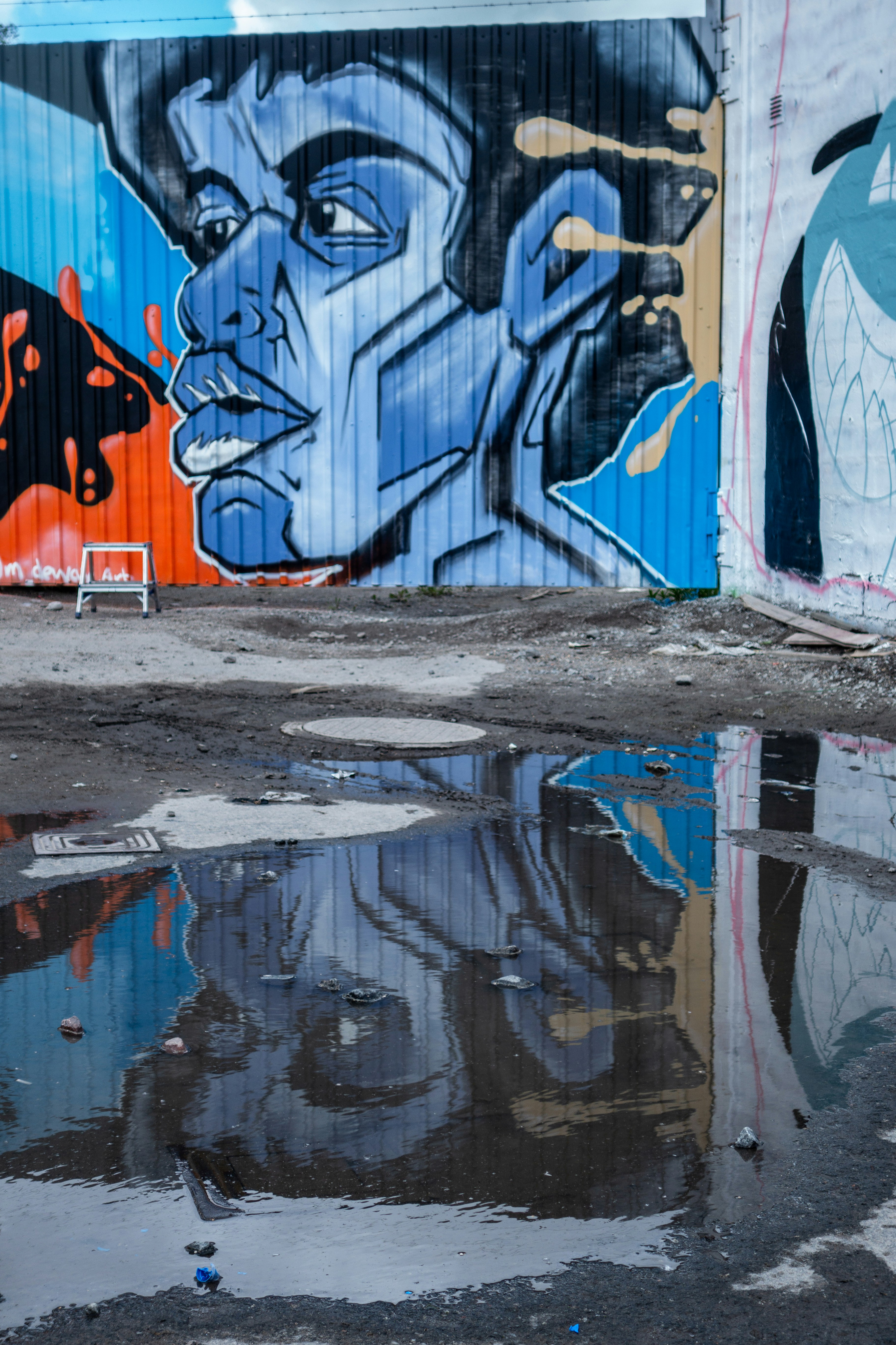 Vibrant mural of a young man’s face reflected in a puddle on a gritty urban surface. The interplay of colors adds depth to the scene.