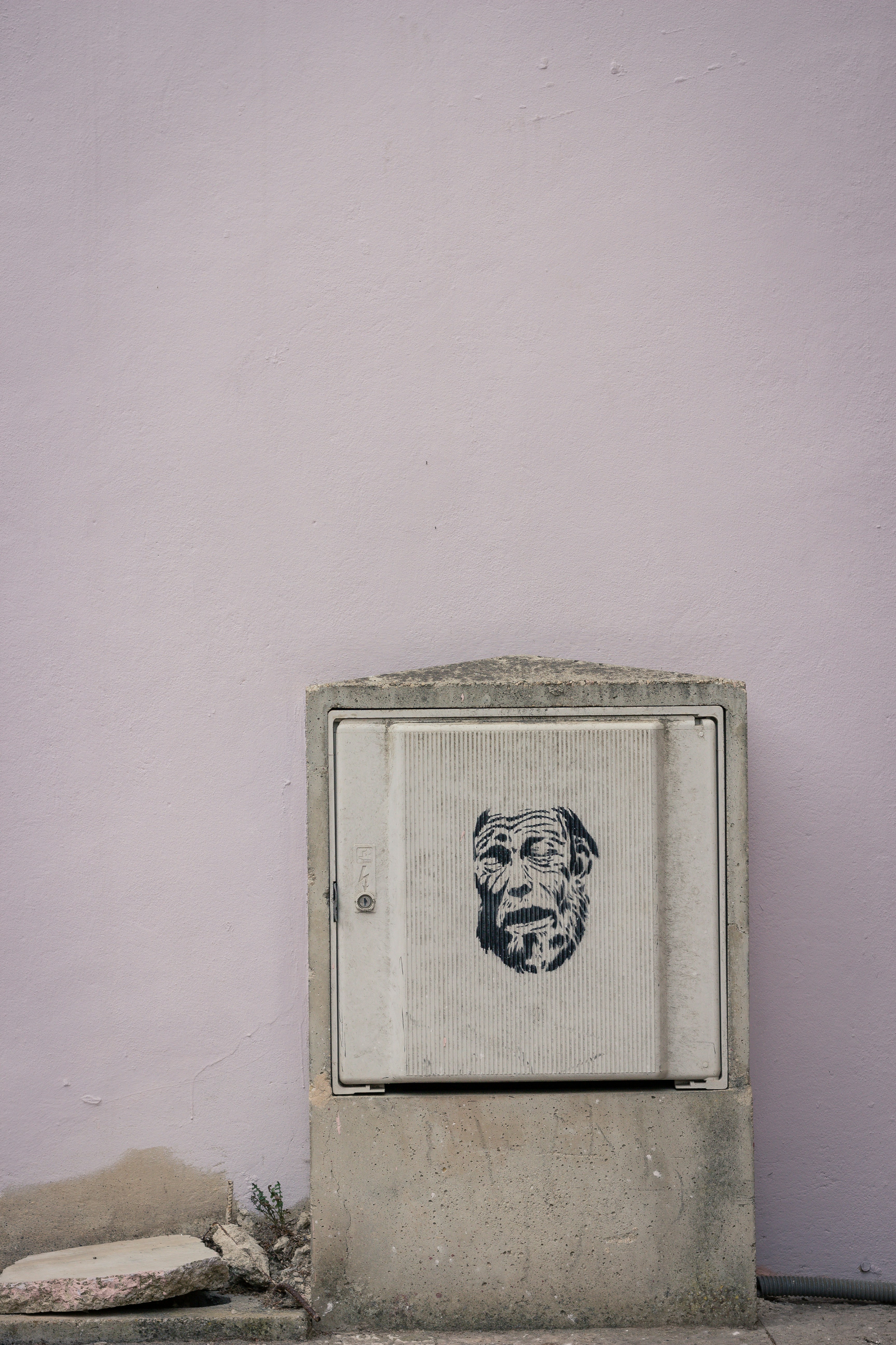 A graffiti-style portrait of a bearded man on a utility box against a soft pink wall.