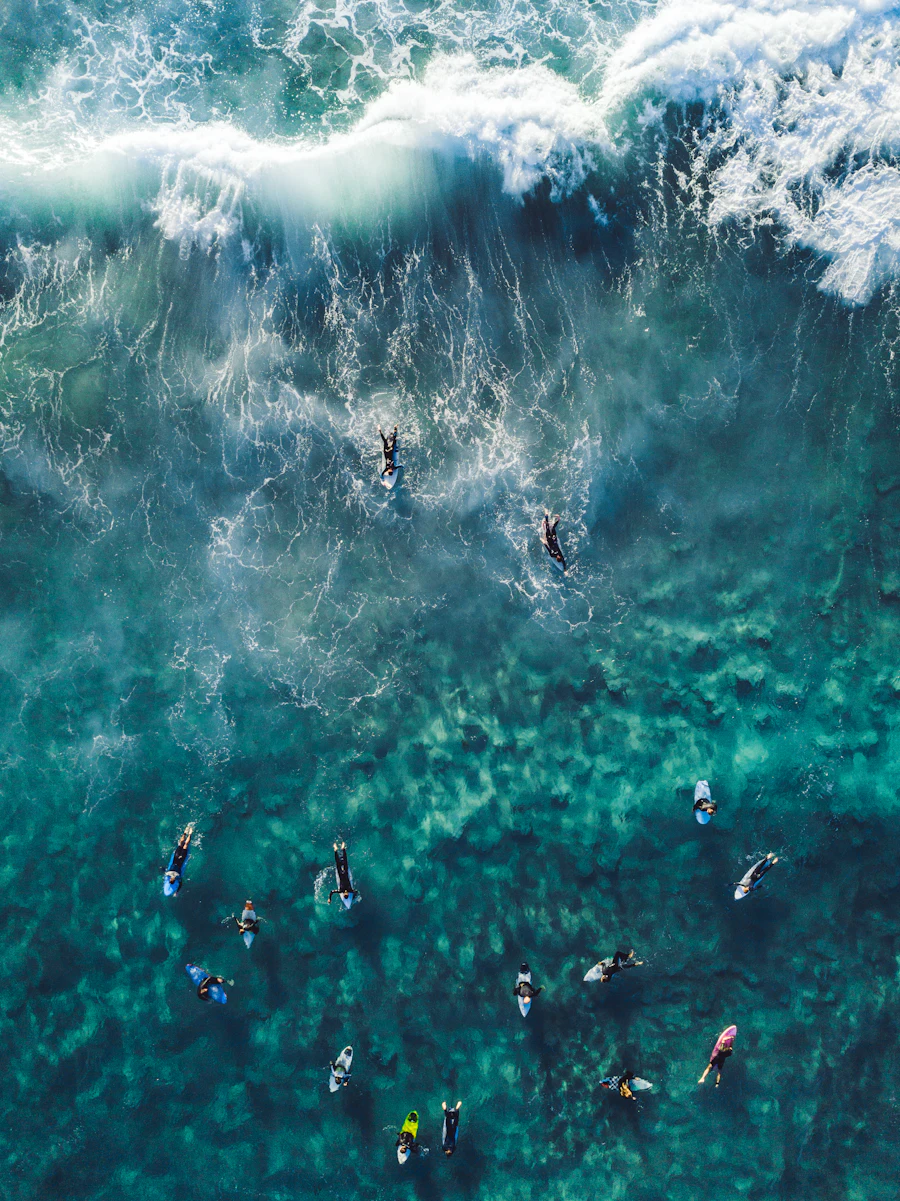 Aerial photograph of surfers scattered across turquoise water as a breaking wave forms at the top.