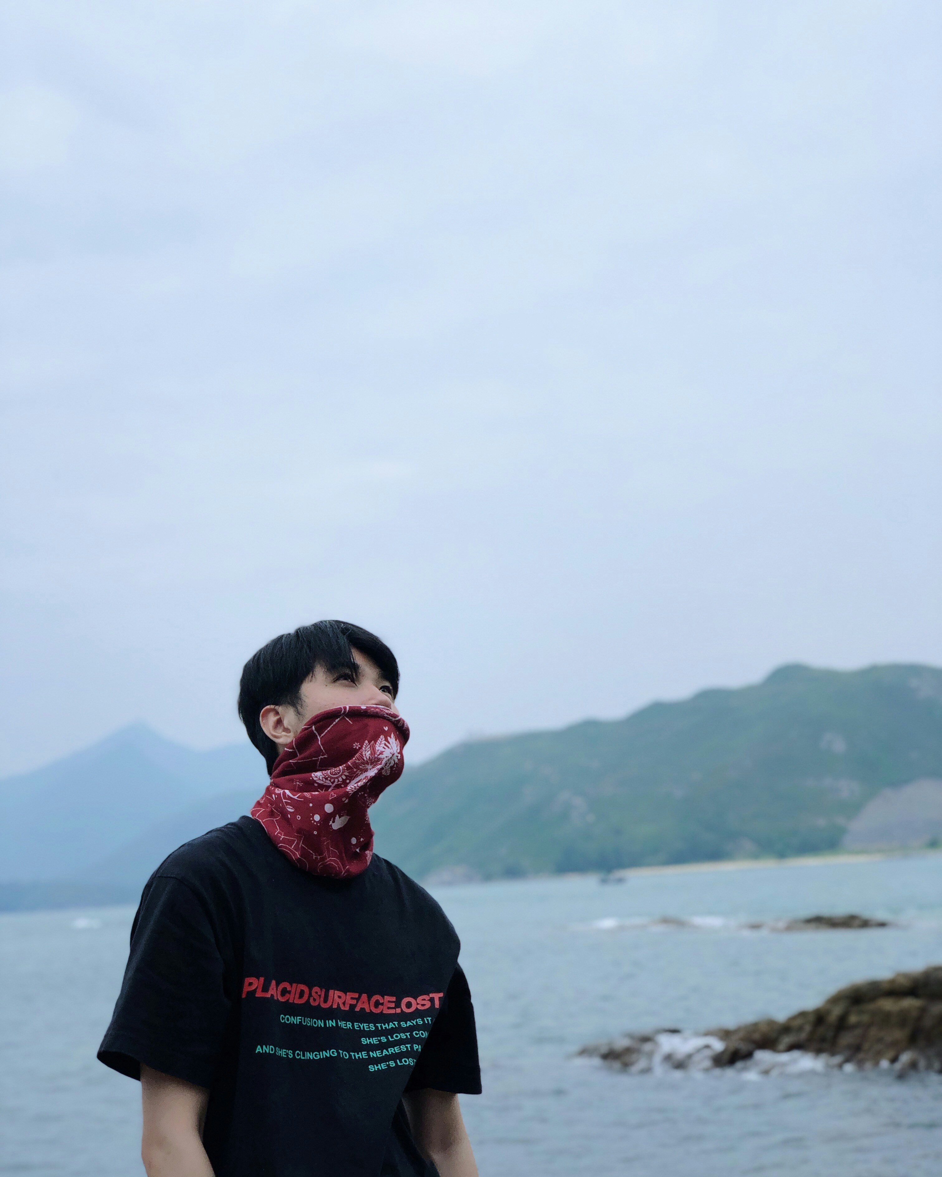 Masked Traveler Gaze Over a Seaside Landscape