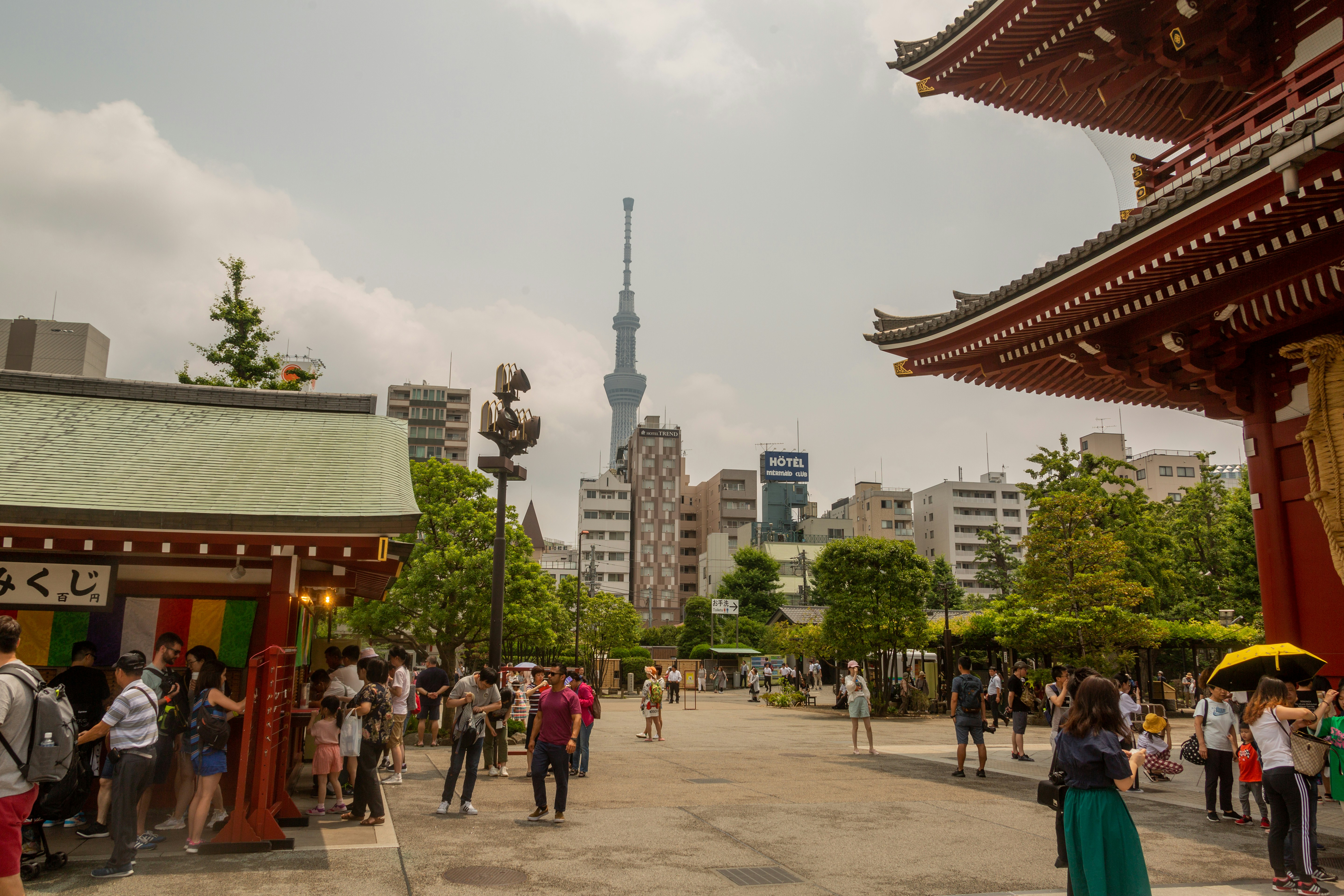 Bustling park scene featuring visitors near a traditional structure, with the Tokyo Skytree towering in the background. A blend of cultural heritage and contemporary architecture.