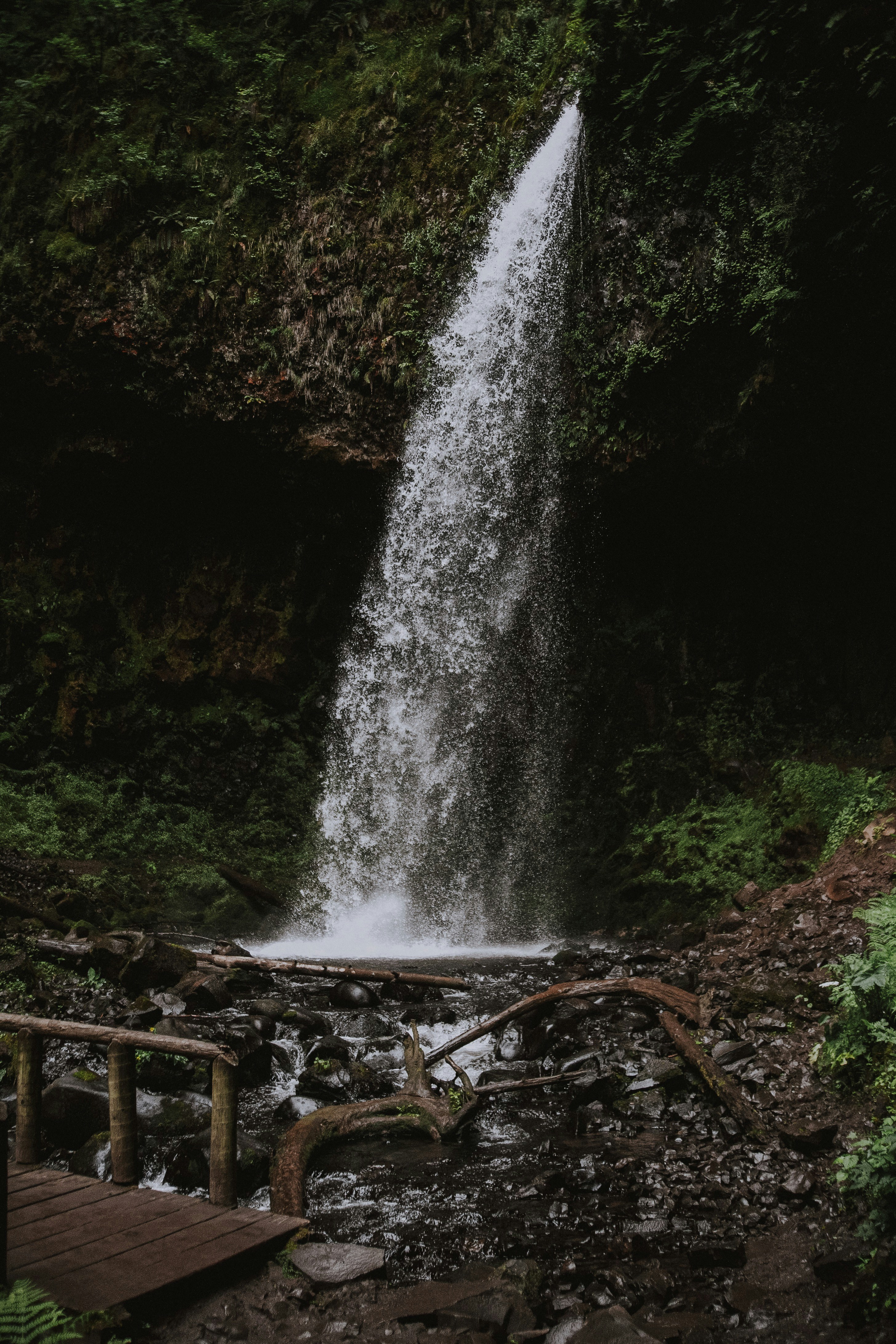 Brown wooden walk bridge in front of waterfalls photo – Free Grey Image ...