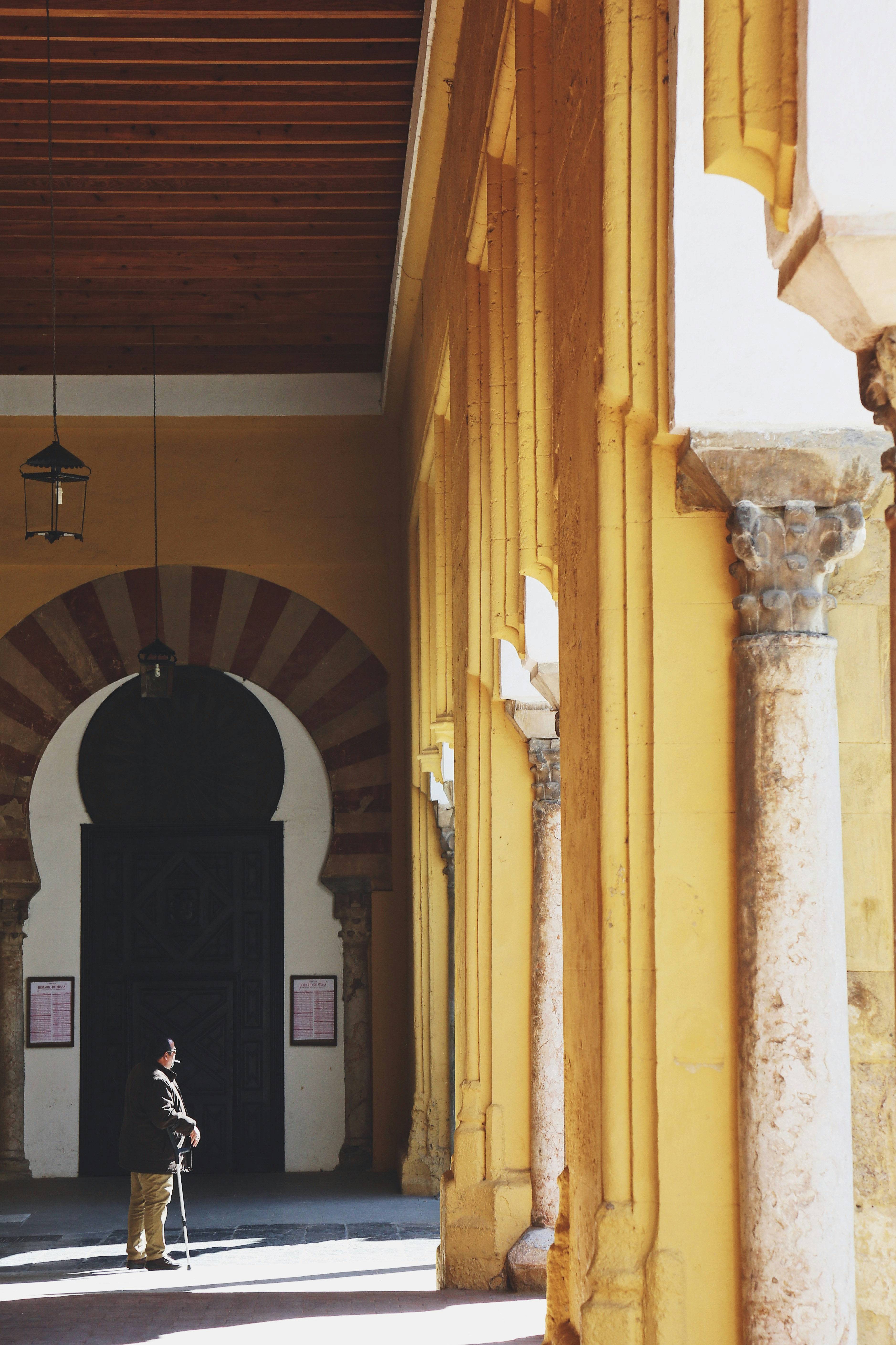 A solitary figure stands in a sunlit corridor adorned with intricate columns and a grand archway, evoking a sense of history and contemplation.