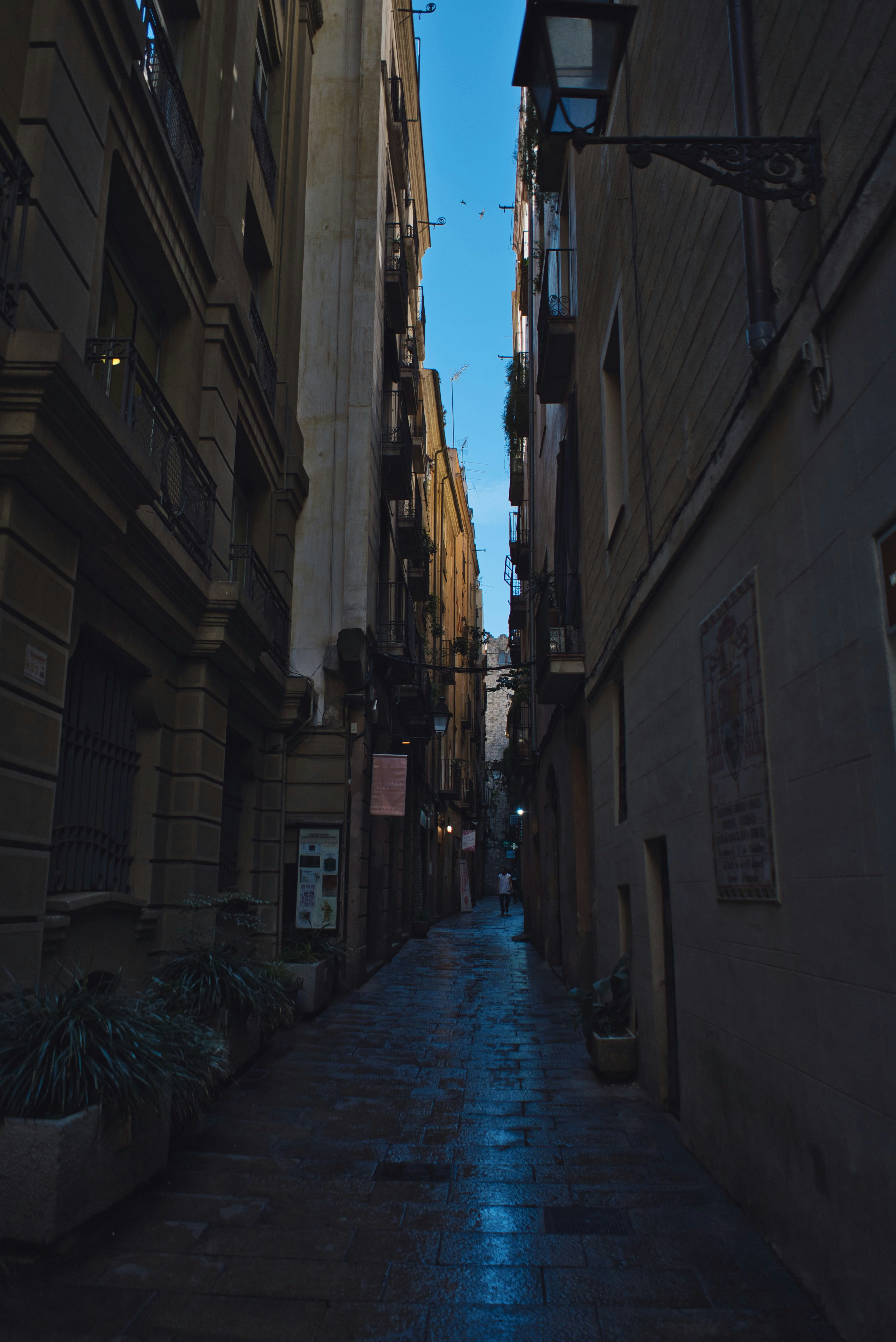 Dimly lit alleyway flanked by historic buildings, leading toward a bright blue sky. The wet pavement reflects the surrounding architecture.