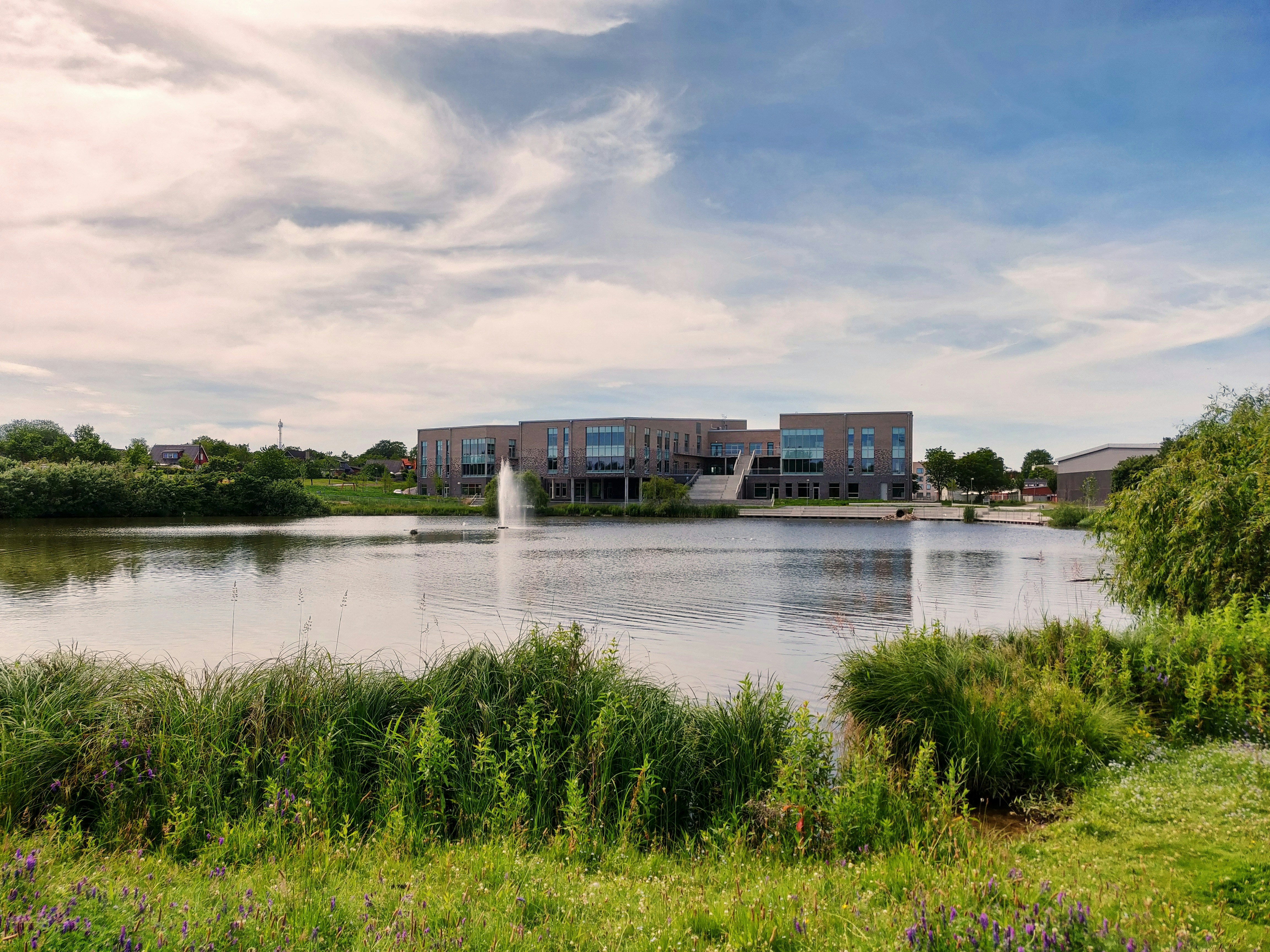 Modern building reflecting in a serene pond, surrounded by lush greenery and a fountain.
