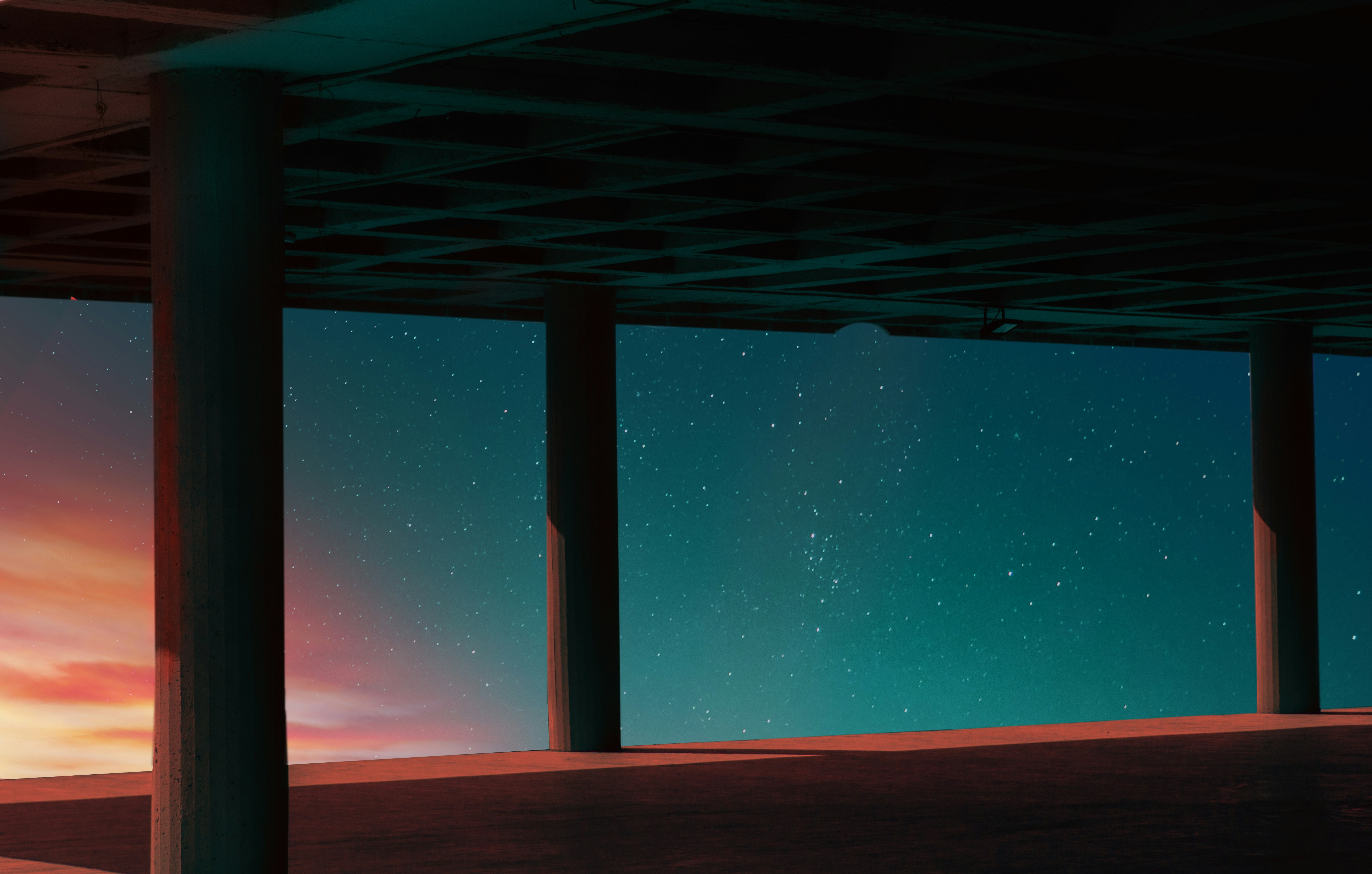 Abstract composition featuring a view of a starry sky framed by structural columns, blending urban architecture with celestial beauty.