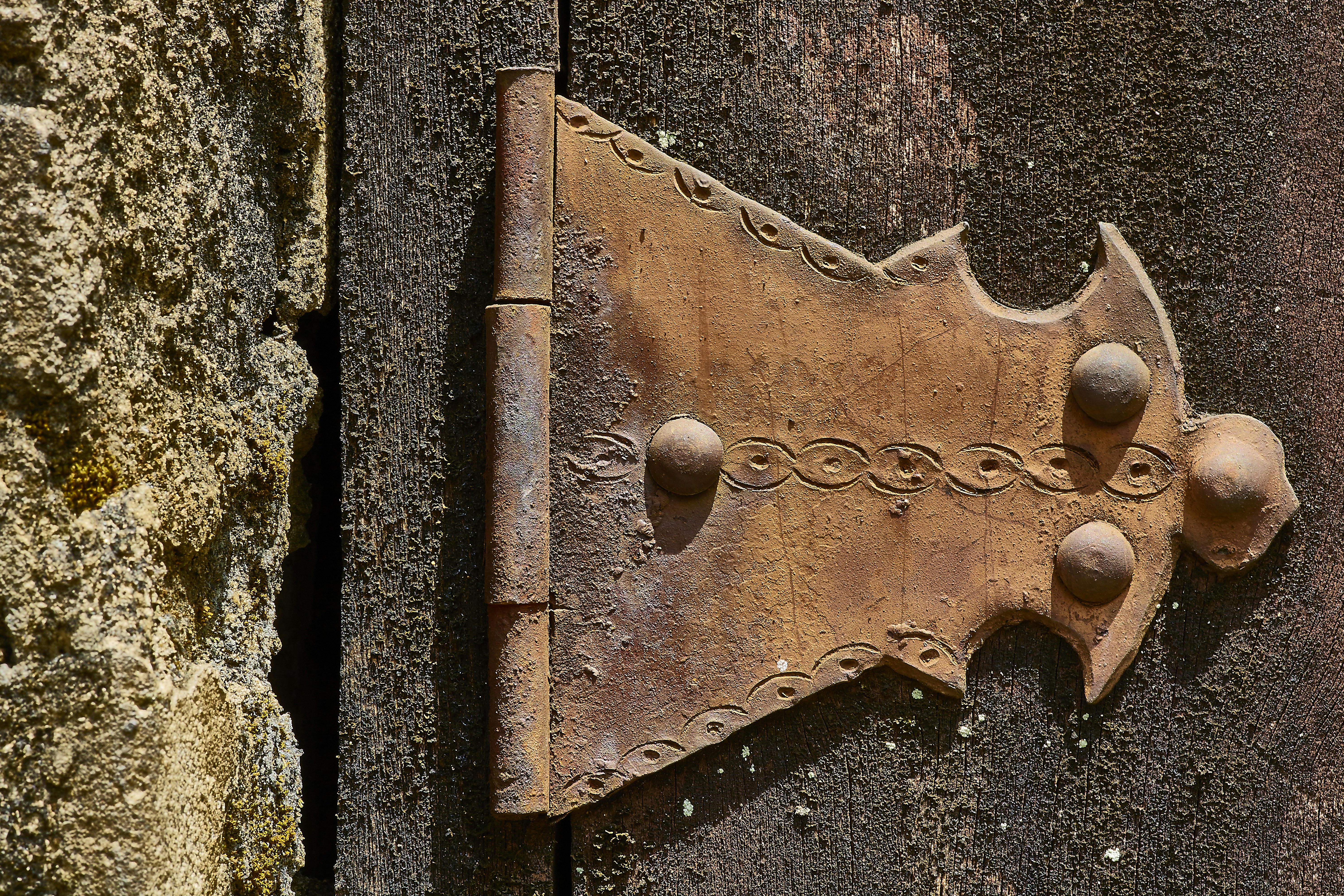 Rusty hinge with stone backdrop: a weathered door motif