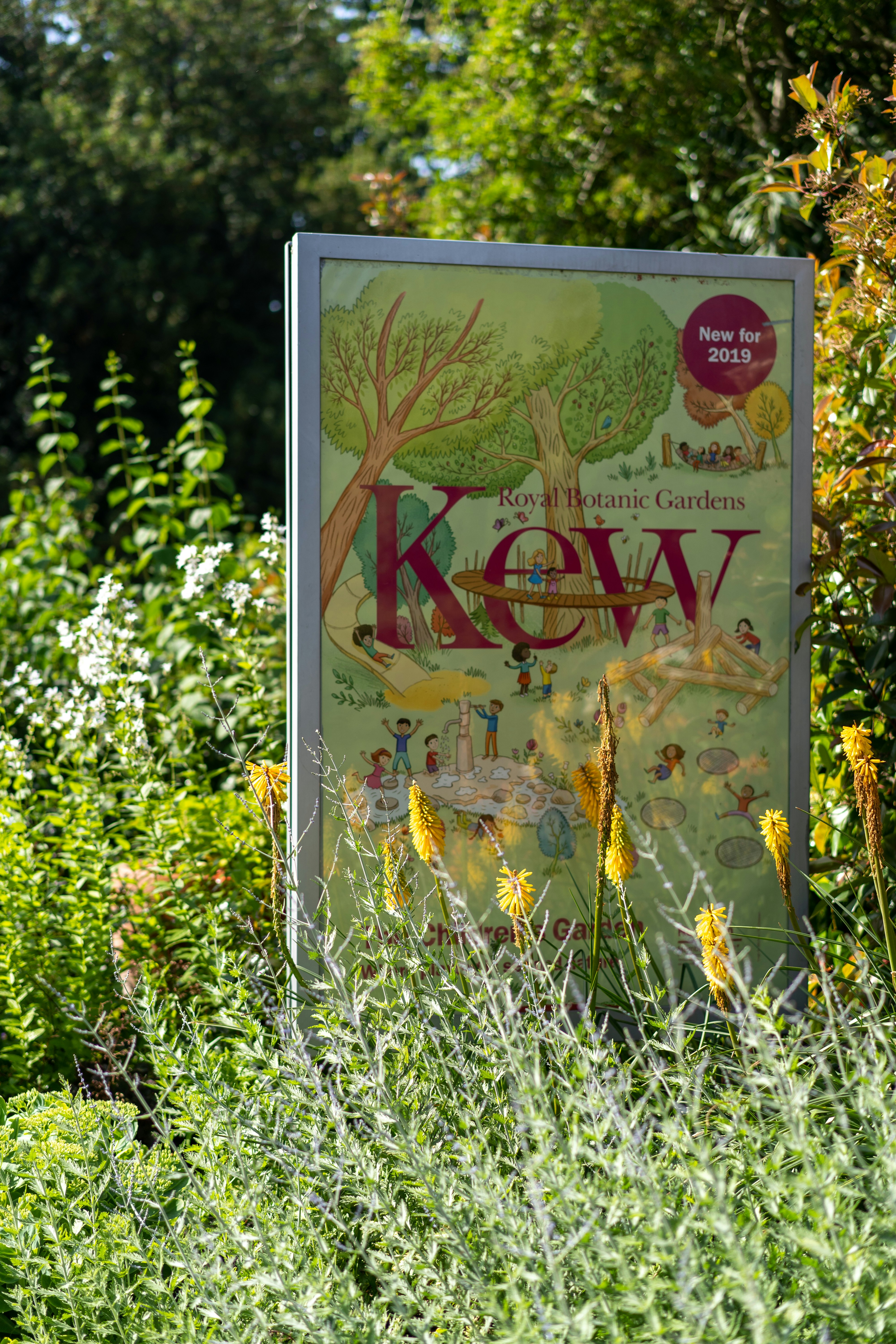 Kew Poster in the Meadow: a sunlit sign framed by wild grasses