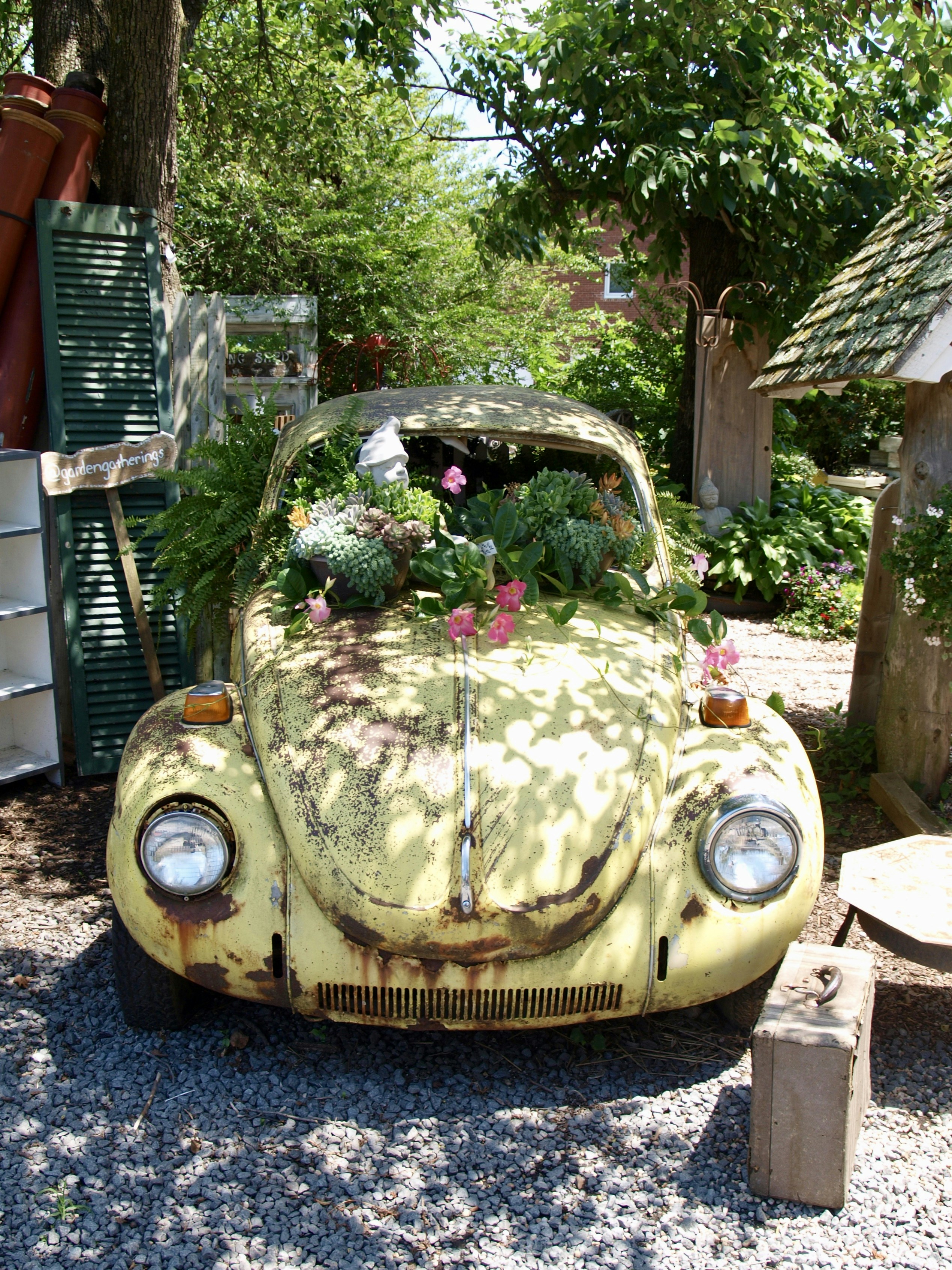 Rusty yellow Volkswagen Beetle adorned with vibrant flowers and greenery, nestled in a garden setting.