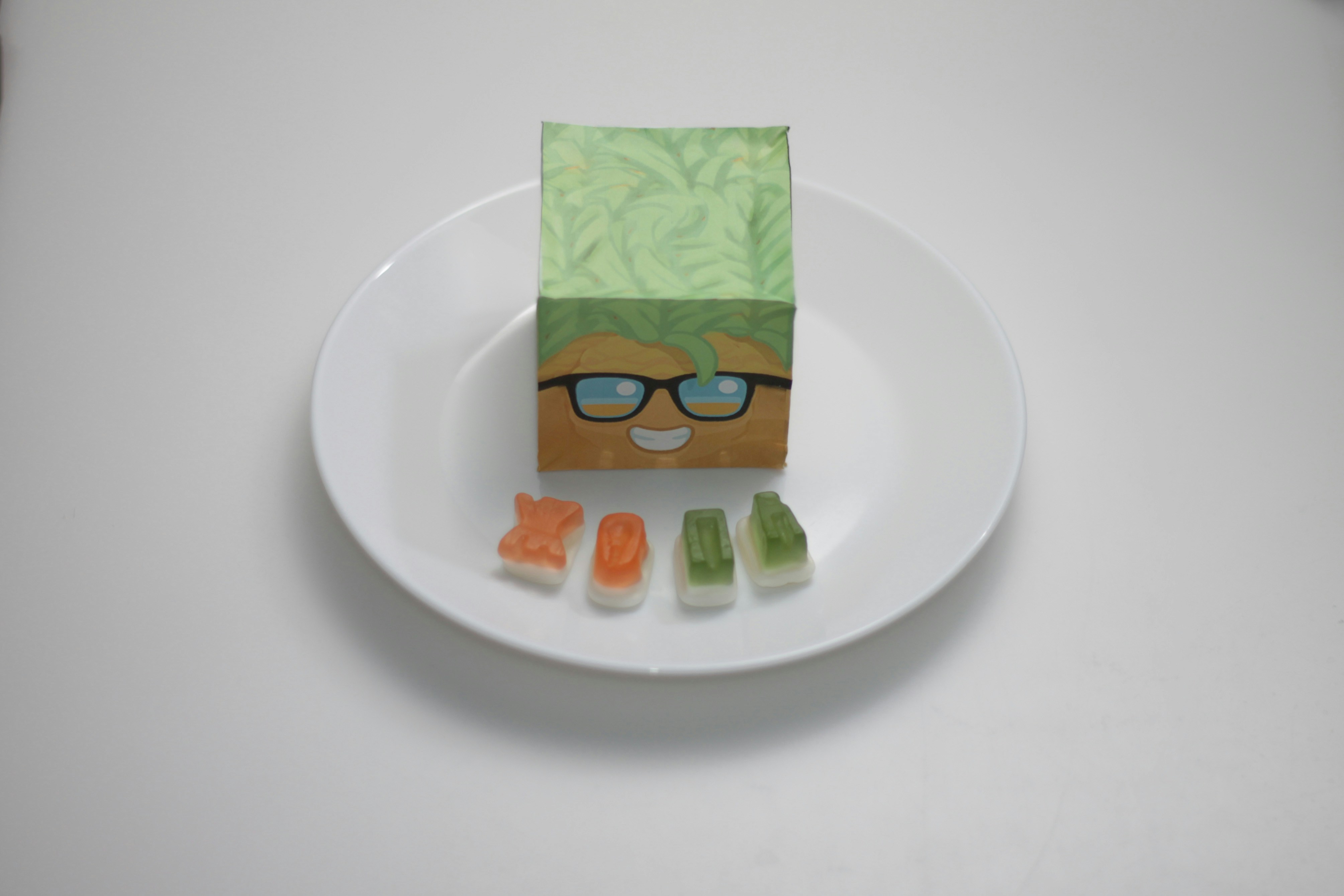 Cartoon-themed snack box with gummy candies arranged on a white plate, showcasing a fun and colorful design.