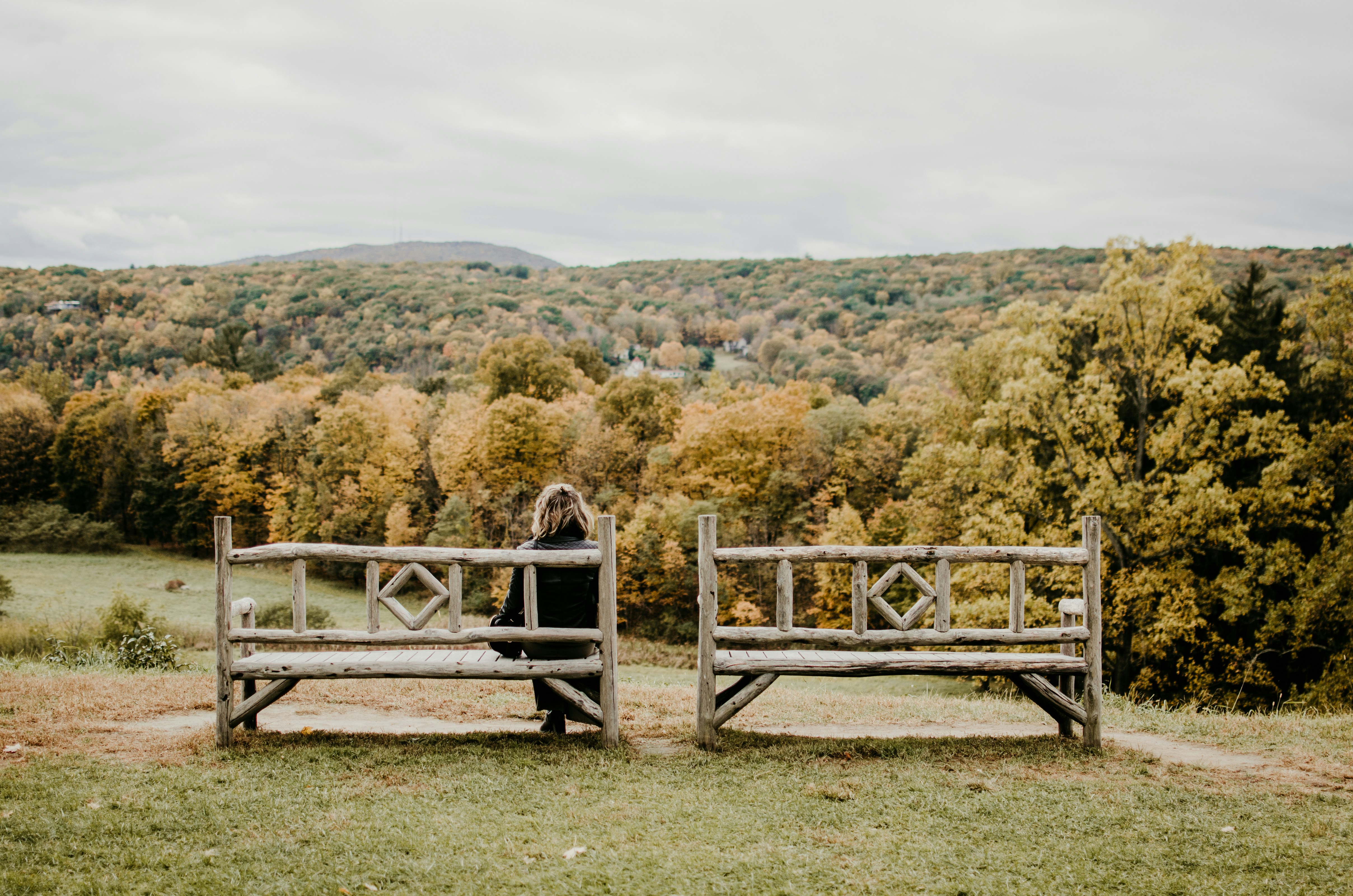 Person sitting on a rustic wooden bench overlooking a vast autumn landscape with colorful foliage.